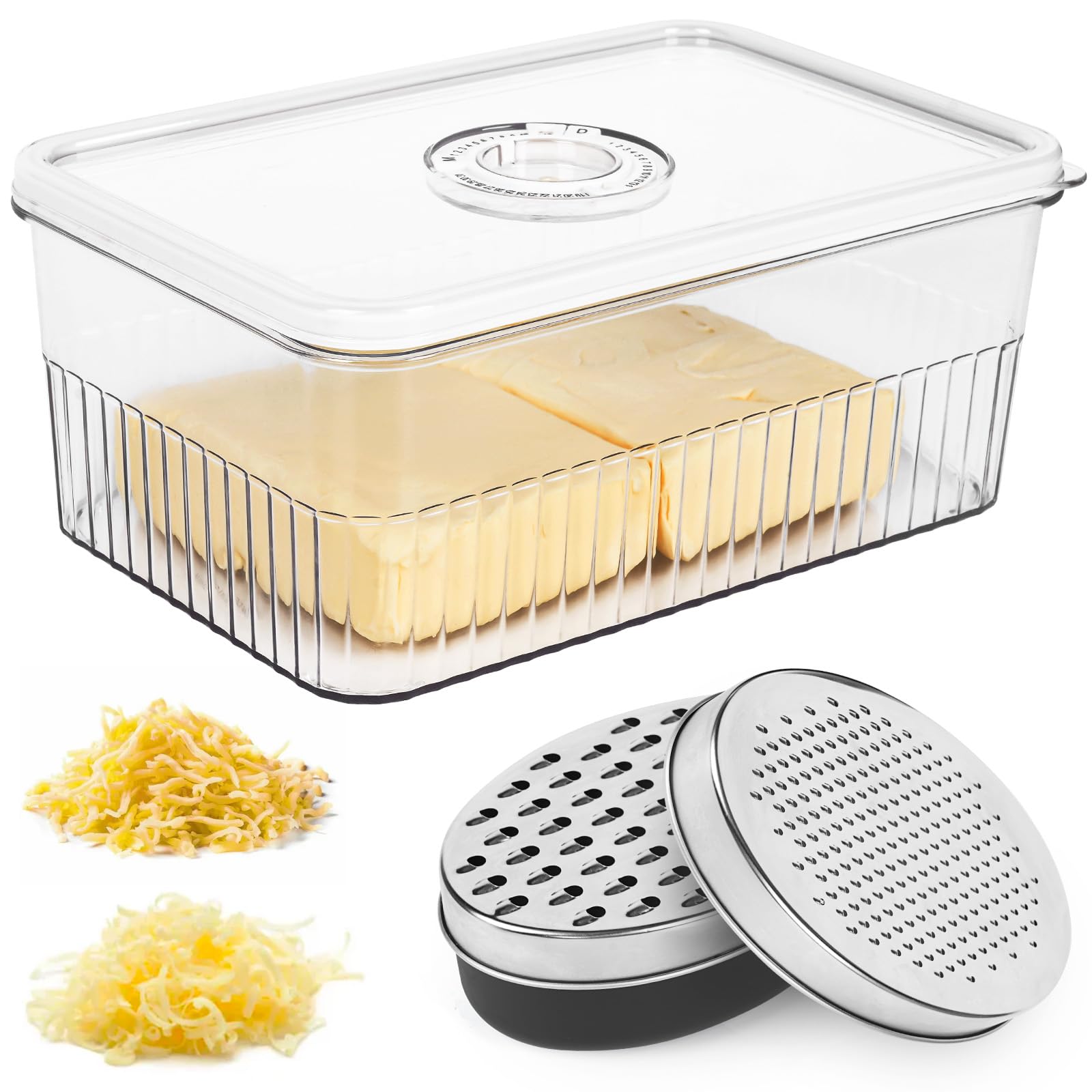 Cheese Container for Refrigerator, Cheese Grater with Container, Cheese Block Holder for Fridge, Sliced Cheese Keeper Food Storage Box for Butter Deli Meat Bacon Lunch Meat Cold Cuts Vegetable