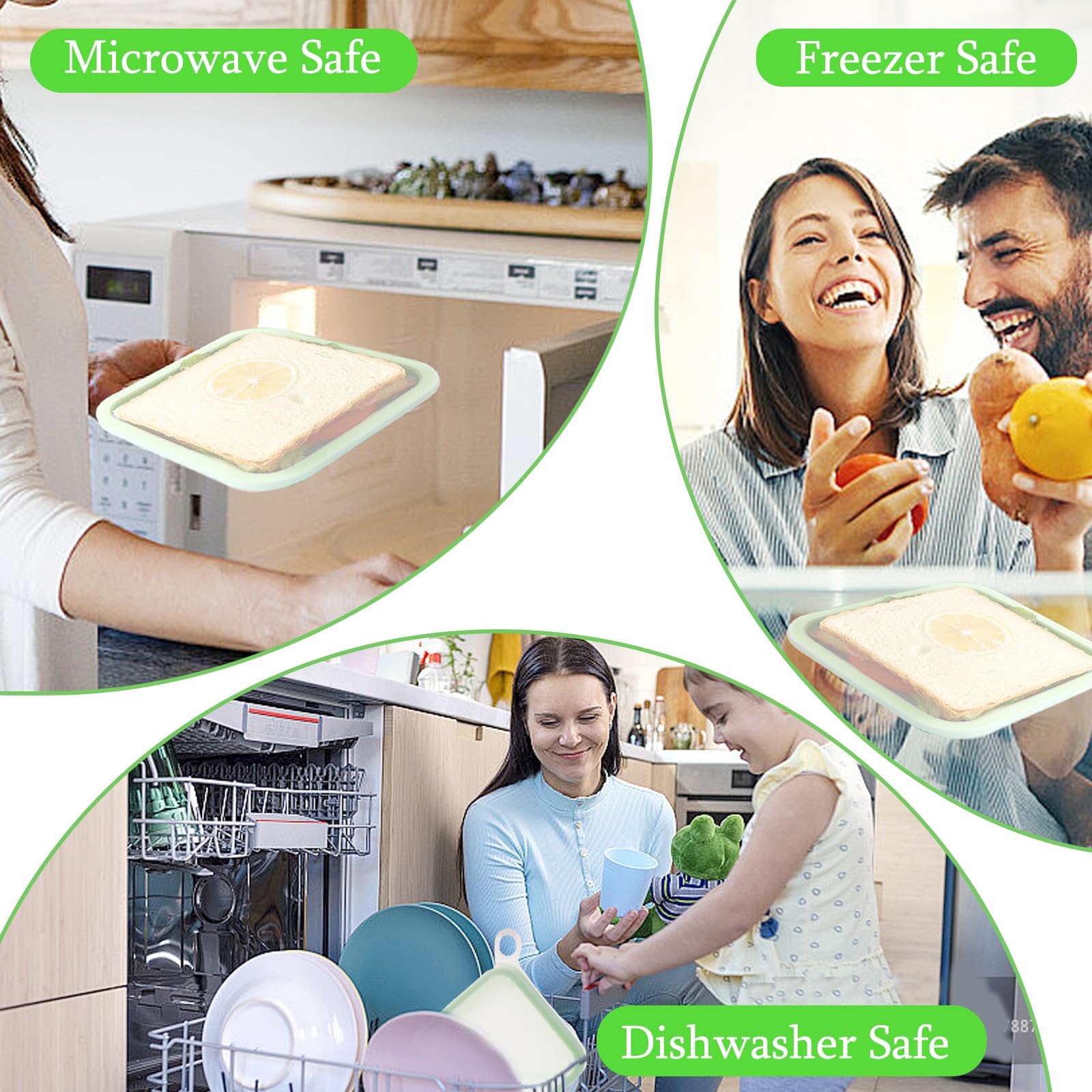 3 Pcs Sandwich Containers, Silicone Sandwich Storage for Lunch Boxes, BPA Free, Leakproof, Reusable Sandwich Holder for Fruit,Salad,Snacks and Food Storage, Microwave Freezer & Dishwasher Safe (Green)