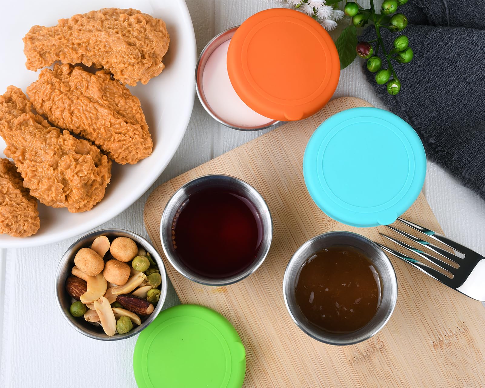 Victhur Salad Dressing Container To Go, 6 Pieces 2.4oz 304 Stainless Steel Sauce Containers with Silicone Lids for Snacks, Dipping Sauce