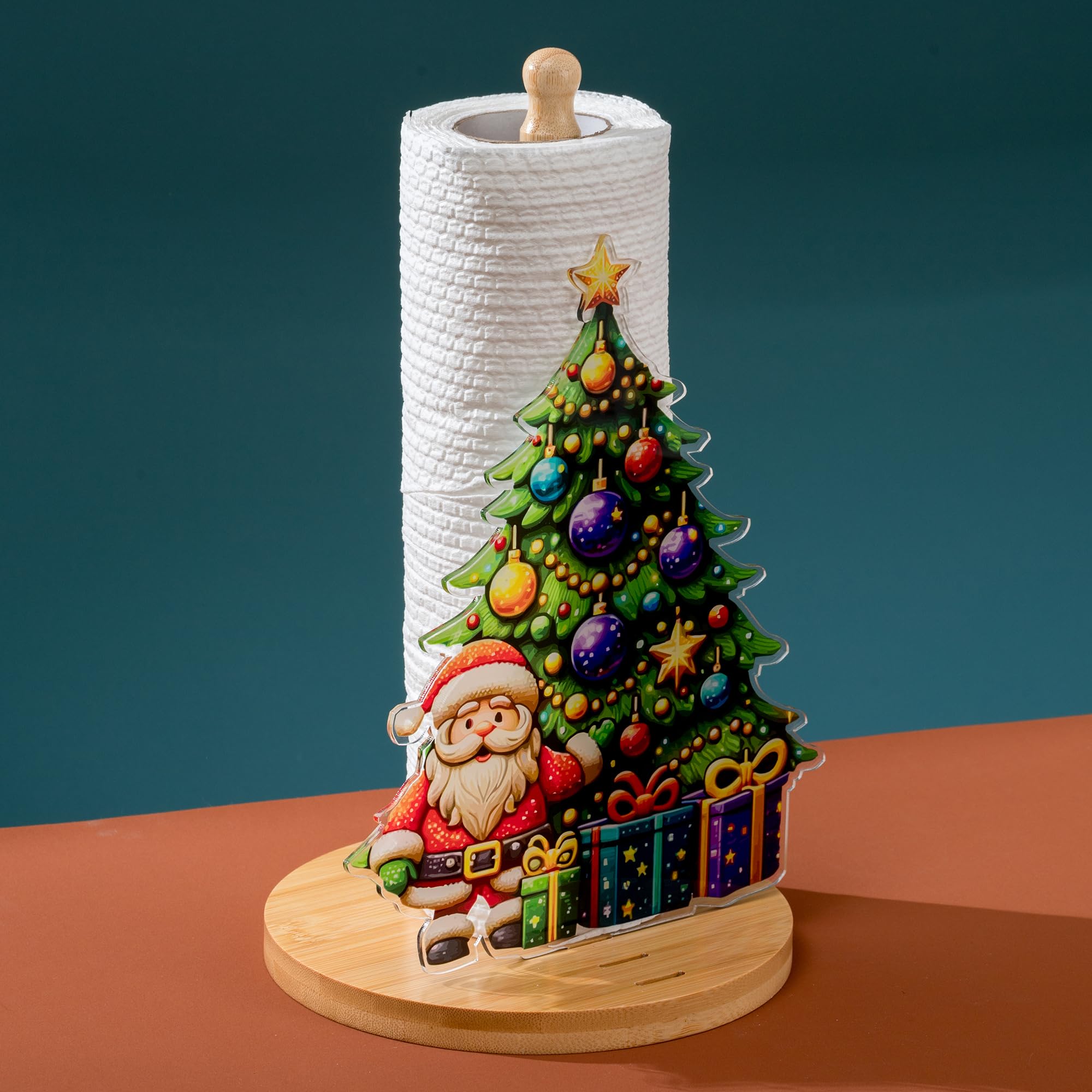 Christmas Paper Towel Holder - Wooden Countertop Dispenser with Acrylic Christmas Tree Design, Festive Holiday Kitchen Decor and Paper Towel Organizer