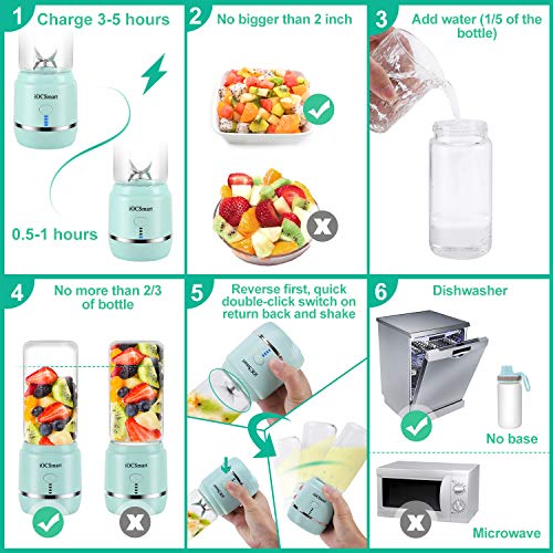 iOCSmart Portable Personal Size Blender, USB Rechargeable Mini Fruits Small Juicer Blender for Shakes and Smoothies with 2 Juice Cup Portable on the Go (Blue)