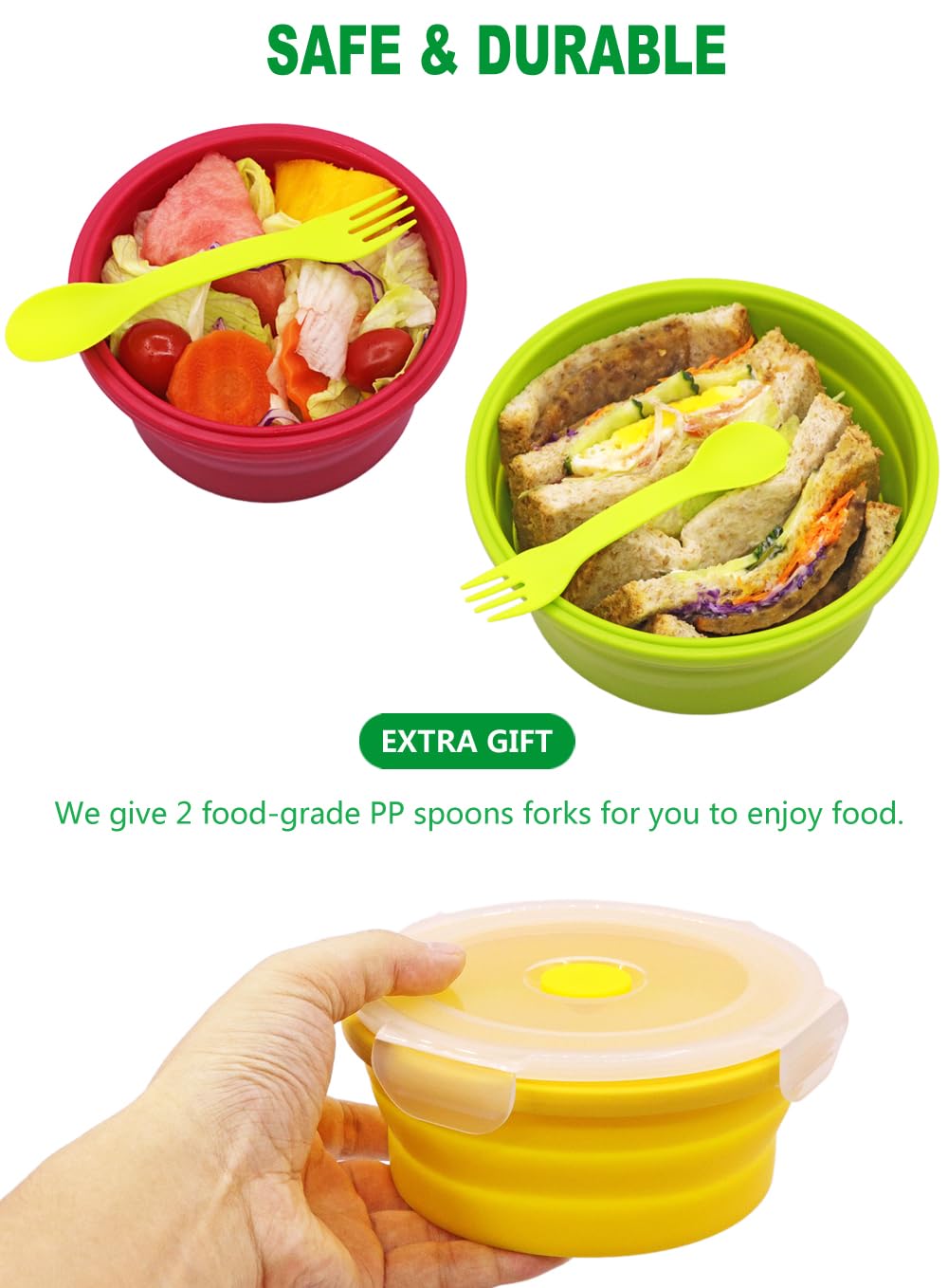 FUSMYE Set of 4 Collapsible Silicone Food Storage Containers With Lids,Round Bowls For Kitchen, Microwave,Dishwasher and Freezer Safe For Camping,Foldable Meal Box, BPA Free