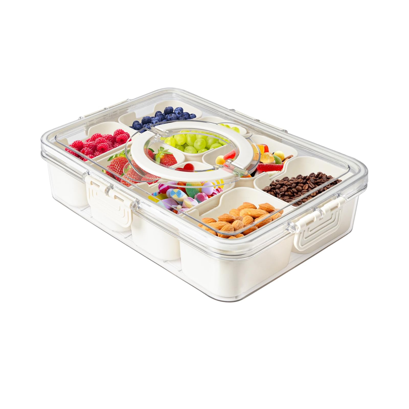 2Pcs Divided Serving Tray with Lid and Handle, Clear Snack Travel Storage Container, Multi Grid Food Storage Container for Parties, Fruits, Nuts, Candies, Travel, Picnics (8 compartments)