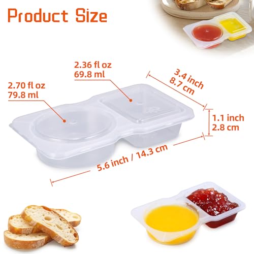 Vexulipro 15 PCS Divider Condiment Containers with Lids, Double Compartment Condiment Container, Dressing Containers with Lids, Small Plastic Containers with Lids, and Snack Containers