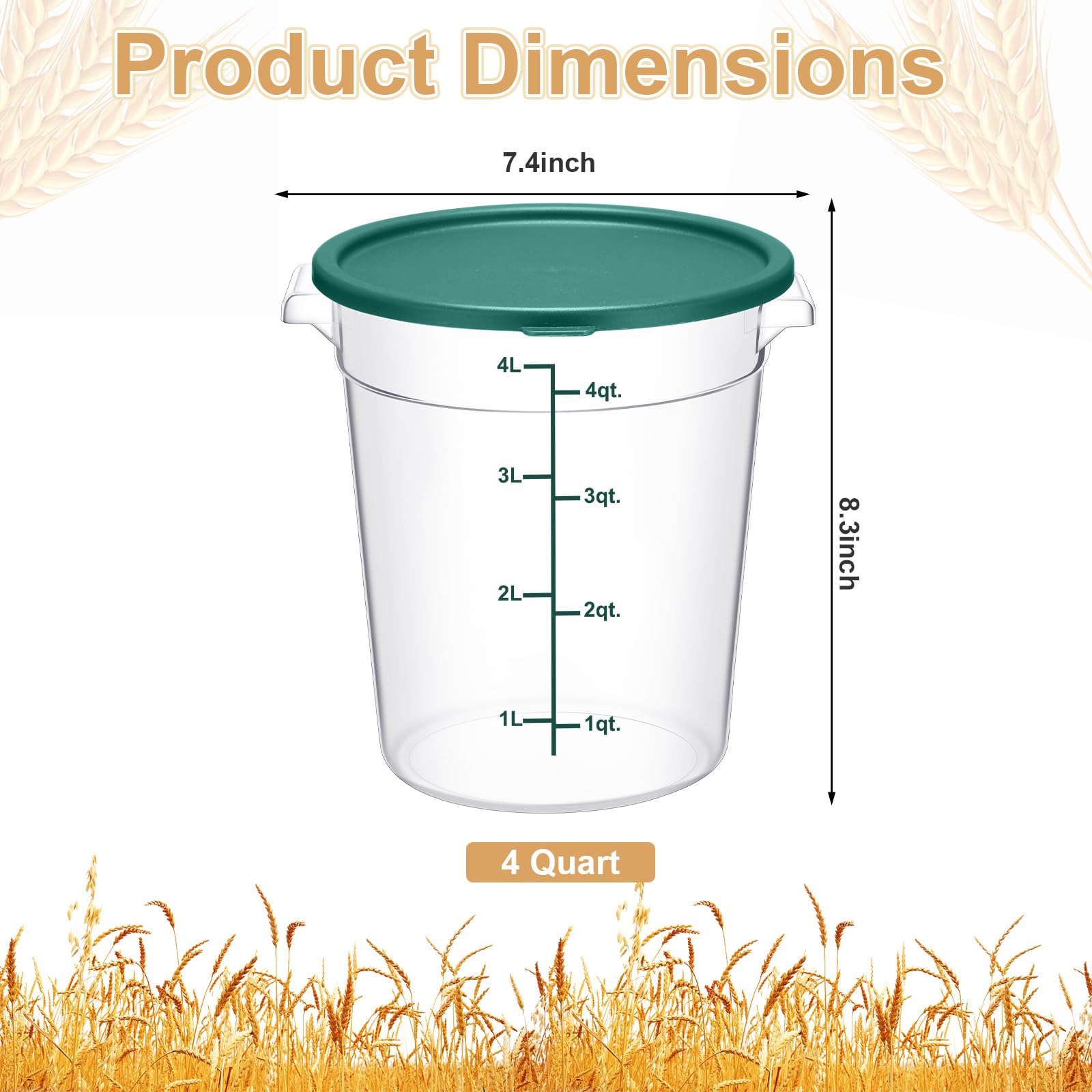 Suclain 4 Pcs 4 Qt Food Storage Container Bucket with Lids Clear Proofing Containers for Dough Rise Bread with Scale Handle Round Flour Commercial Storage Bucket for Home Restaurant Food(Green)