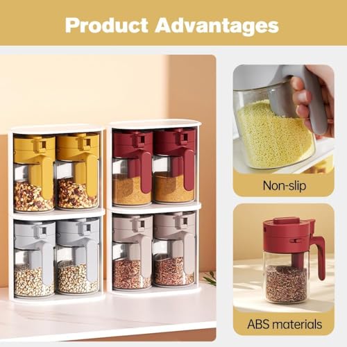 Manutox Multifunctional Seasoning Box, 2 in 1 Glass Spice Jars with Spoon, Multifunctional Kitchen Seasoning Box, Clear Glass Seasoning Jar with Lid and Spoon (Grey)