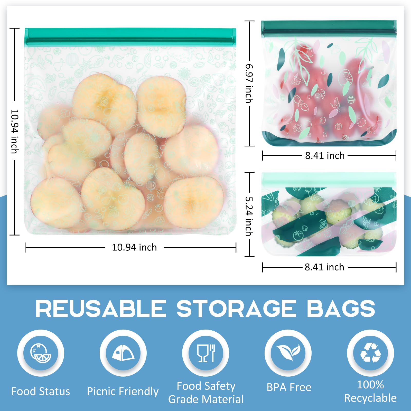 Silicone Storage Bag - Dishwasher Safe Reusable Silicone Bags for Leakproof Storage, Lunch, Marinating, and Travel. BPA Free. 10PCS (4 Gallon 4 Sandwich 2 Snack Bags)