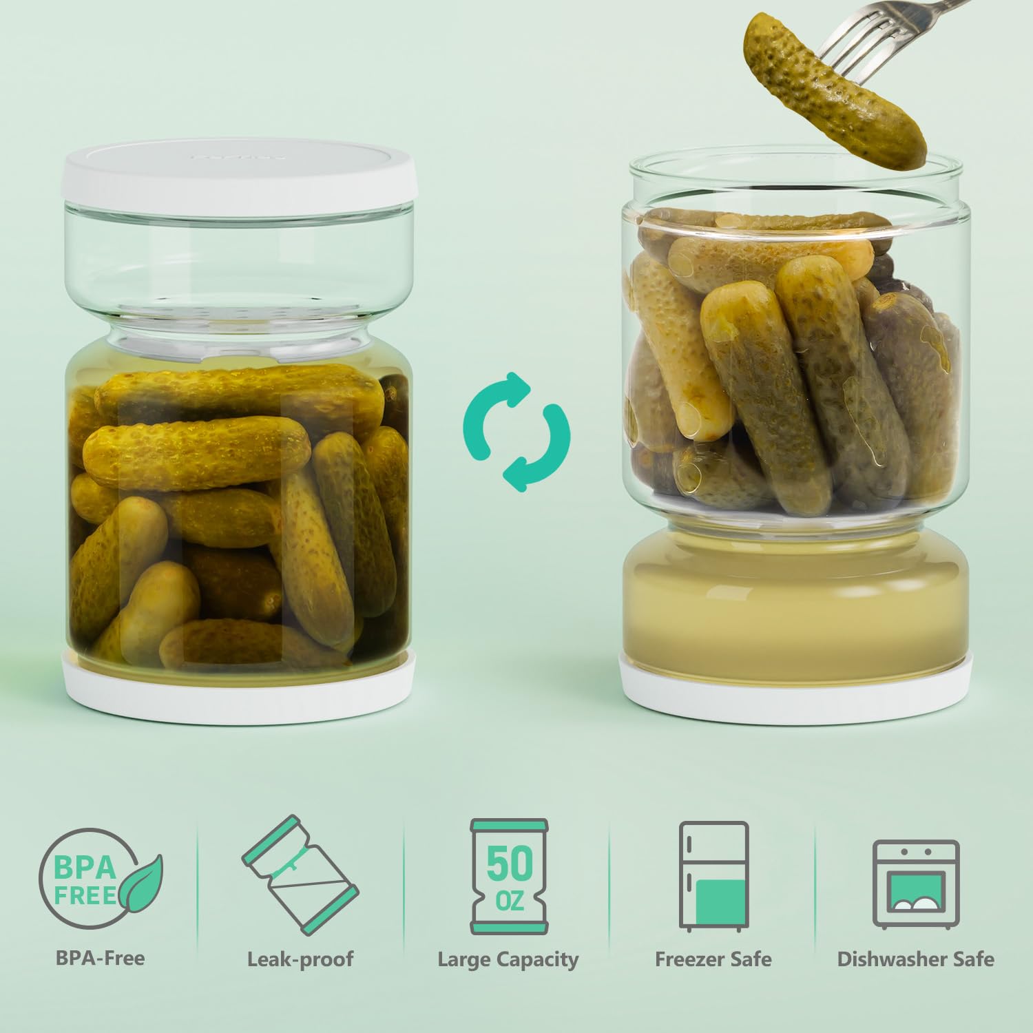 ForTidy Pickle and Olive Container with Strainer Flip - 50 OZ Airtight Glass Jar for Pickle Lover, Versatile Food Keeper, Kitchen Organization Must-Have, BPA-Free, Dishwasher Safe (White)