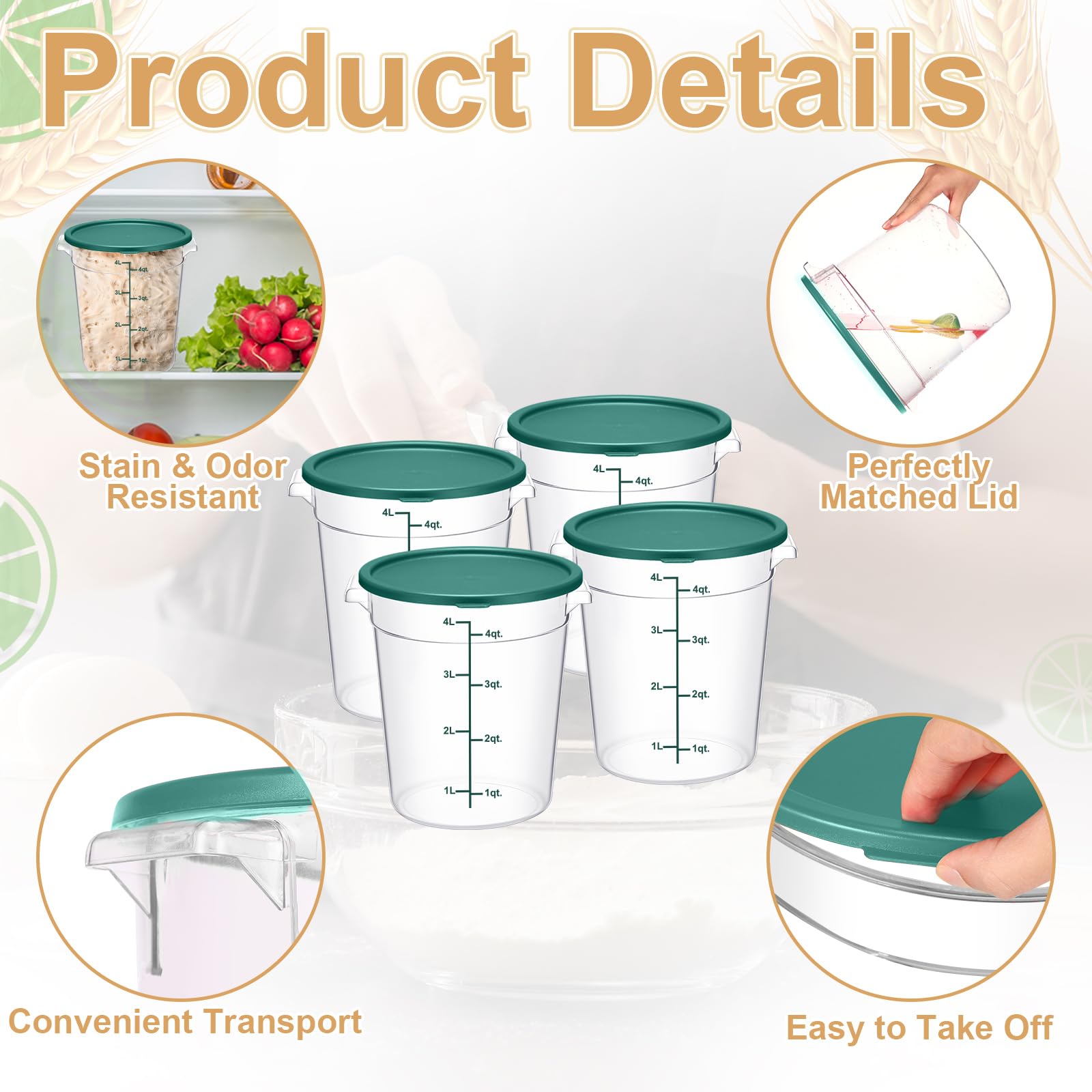 Suclain 4 Pcs 4 Qt Food Storage Container Bucket with Lids Clear Proofing Containers for Dough Rise Bread with Scale Handle Round Flour Commercial Storage Bucket for Home Restaurant Food(Green)