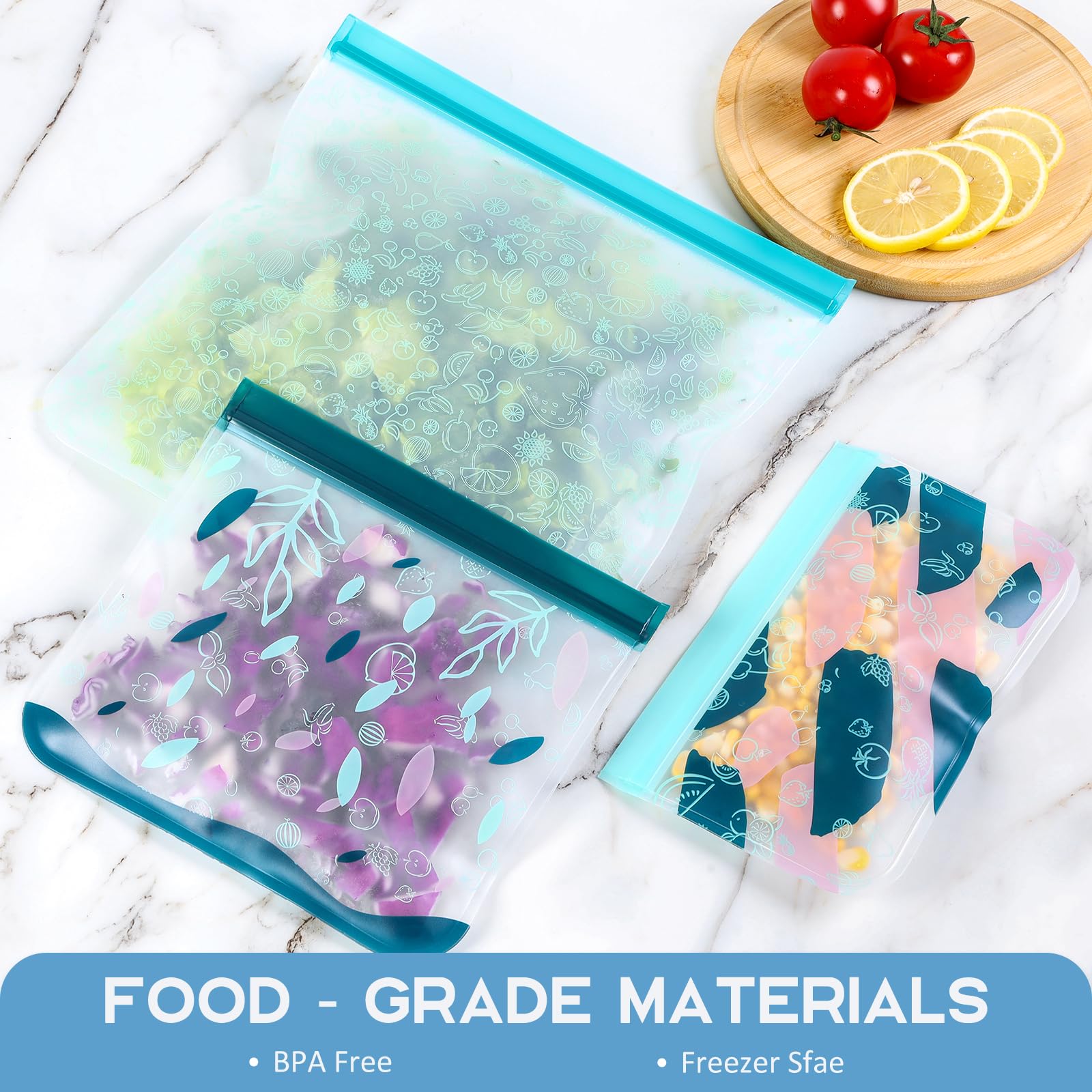 Silicone Storage Bag - Dishwasher Safe Reusable Silicone Bags for Leakproof Storage, Lunch, Marinating, and Travel. BPA Free. 10PCS (4 Gallon 4 Sandwich 2 Snack Bags)