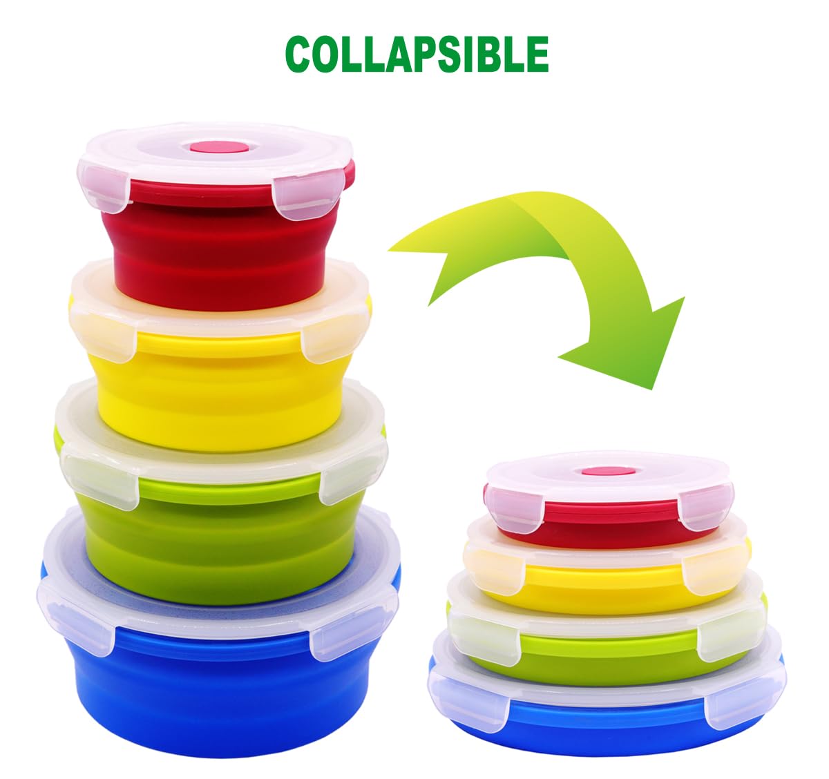 FUSMYE Set of 4 Collapsible Silicone Food Storage Containers With Lids,Round Bowls For Kitchen, Microwave,Dishwasher and Freezer Safe For Camping,Foldable Meal Box, BPA Free