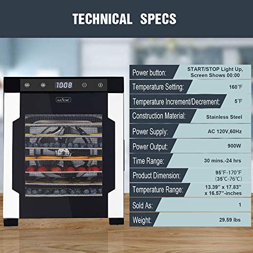 NutriChef Electric Countertop Food Dehydrator -900-Watt Premium Multi-Tier Meat Beef Jerky Maker Fruit/Vegetable Dryer w/10 Shelf Stainless Steel Trays,Digital Timer,Temperature Control-NCFD10S
