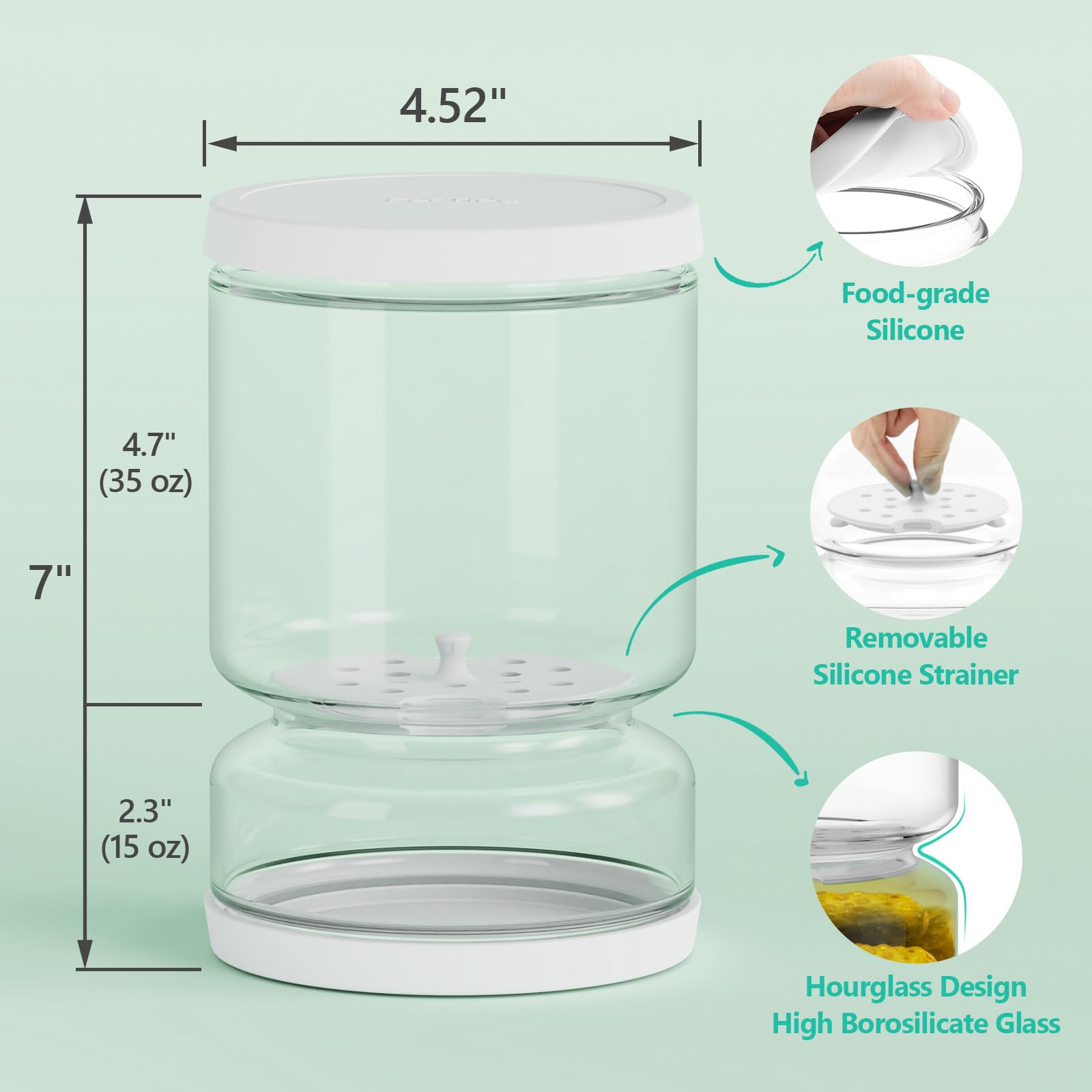 ForTidy Pickle and Olive Container with Strainer Flip - 50 OZ Airtight Glass Jar for Pickle Lover, Versatile Food Keeper, Kitchen Organization Must-Have, BPA-Free, Dishwasher Safe (White)