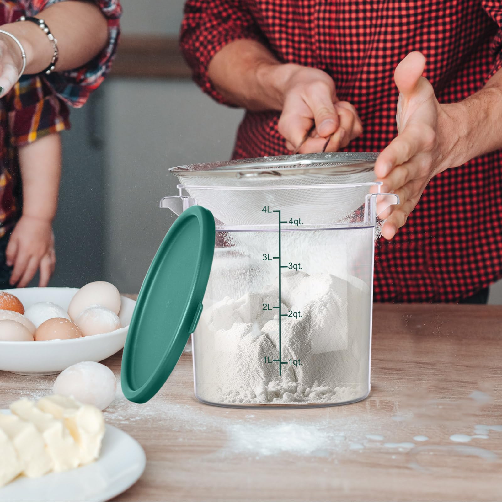 Suclain 4 Pcs 4 Qt Food Storage Container Bucket with Lids Clear Proofing Containers for Dough Rise Bread with Scale Handle Round Flour Commercial Storage Bucket for Home Restaurant Food(Green)