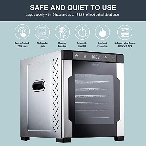 NutriChef Electric Countertop Food Dehydrator -900-Watt Premium Multi-Tier Meat Beef Jerky Maker Fruit/Vegetable Dryer w/10 Shelf Stainless Steel Trays,Digital Timer,Temperature Control-NCFD10S