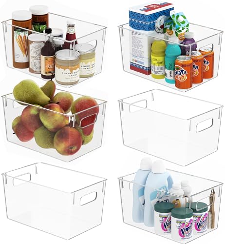 6 Pack Large Clear Storage Organizer Bins, Plastic Storage Bins Pantry Organizer Bins wit Handle, BPA Free Storage Containers for Kitchen, Refrigerator, Freezer, Countertops, Cabinet,Closet,Bathroom