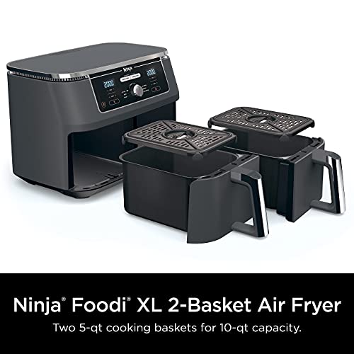 Ninja DZ401 Foodi 6-in-1 10-qt. XL 2-Basket Air Fryer with DualZone Technology, Black (Renewed), 10 Quart Air Fryer
