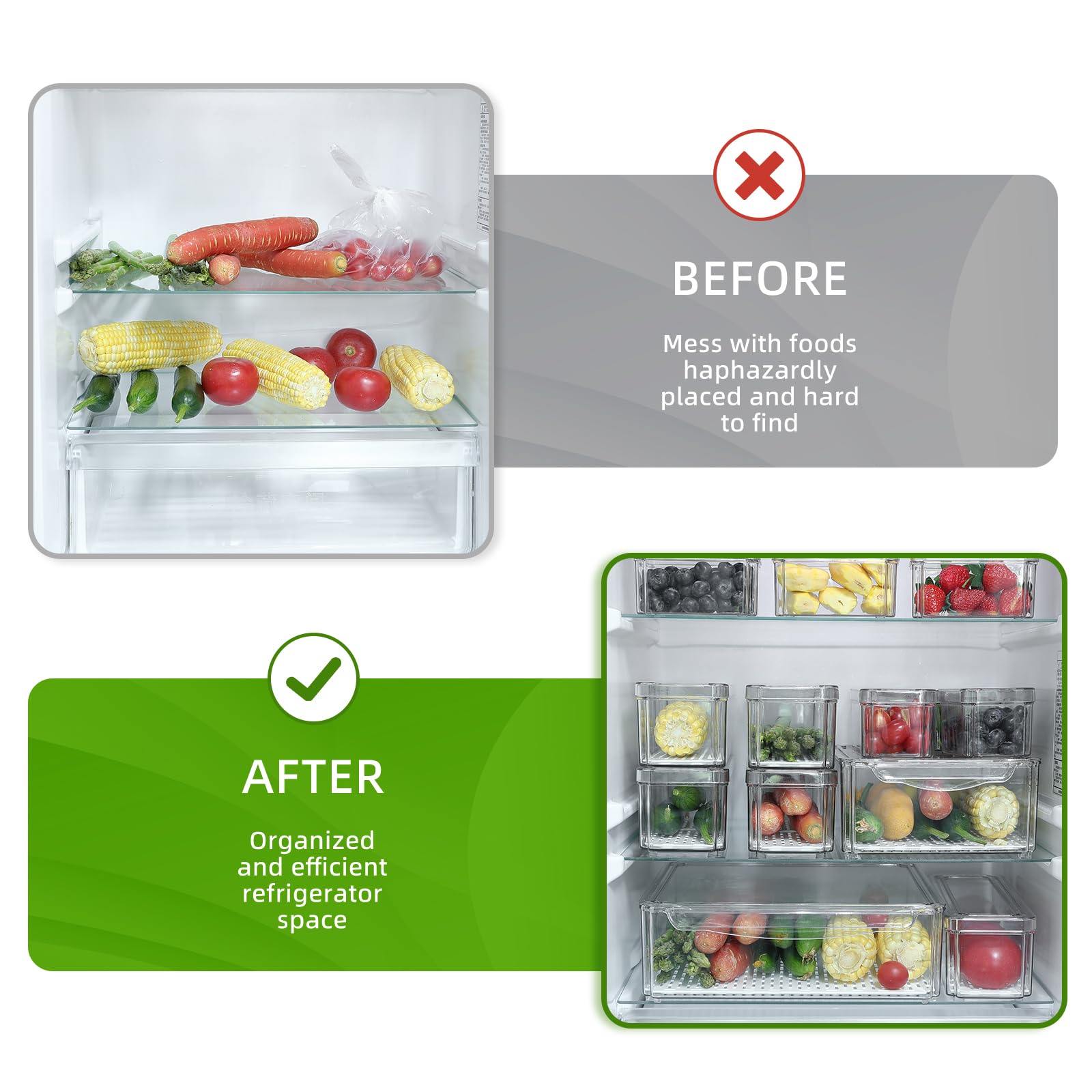 Santiccipa Refrigerator Organizers and Storage, 10 Pack Stackable Clear Drawer Storage Containers and Bins with Lids for Salad Bar, Fruits, Vegetables, Food, Produce, Kitchen and Fridge Organization
