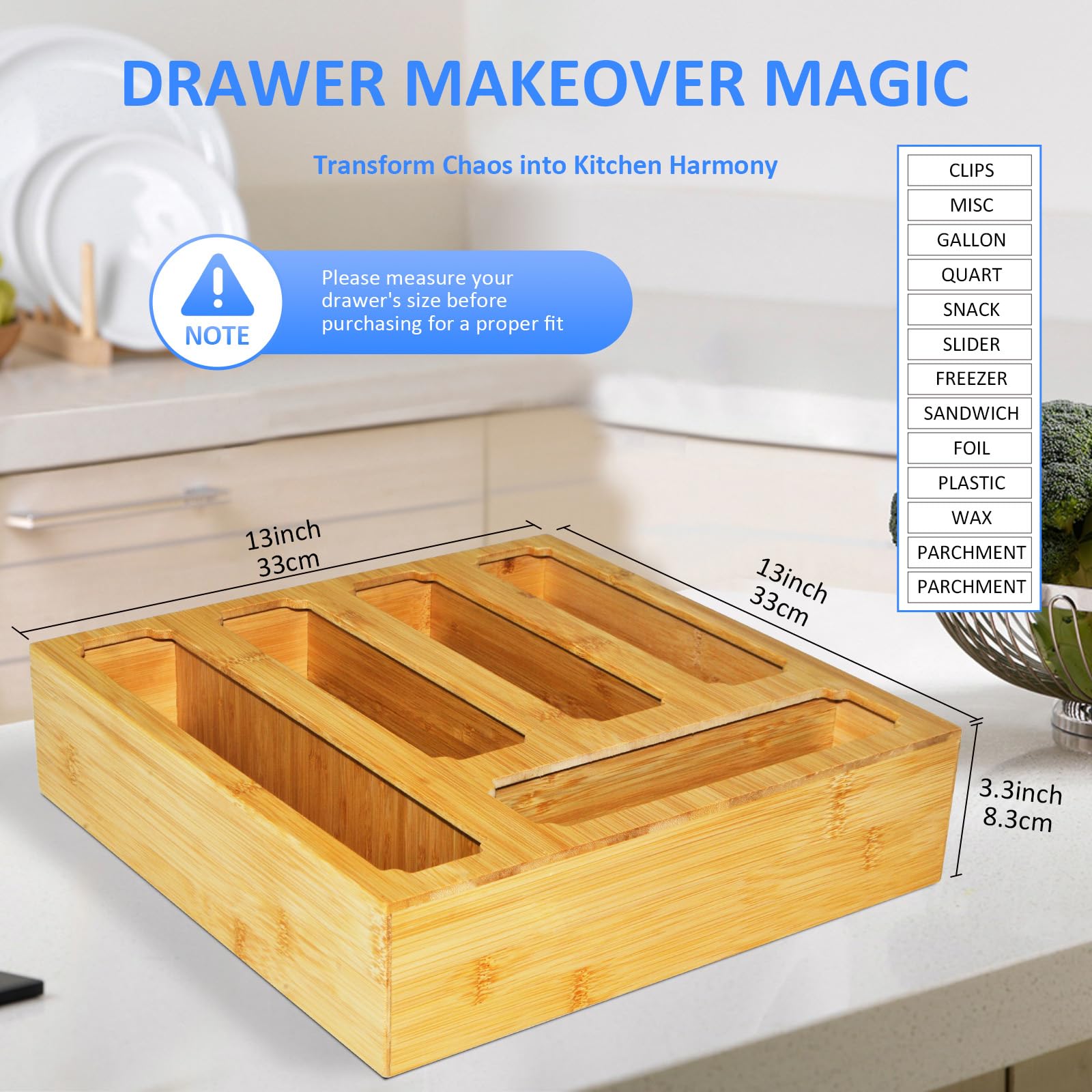 Bamboo Food storage bag organizer, kitchen drawer organizer, Wall Mount bag storage organizer, ziplock bag Storage Compatible with Gallon, Quart, Sandwich & Snack Variety Size Bags 1 Box 5 Slots