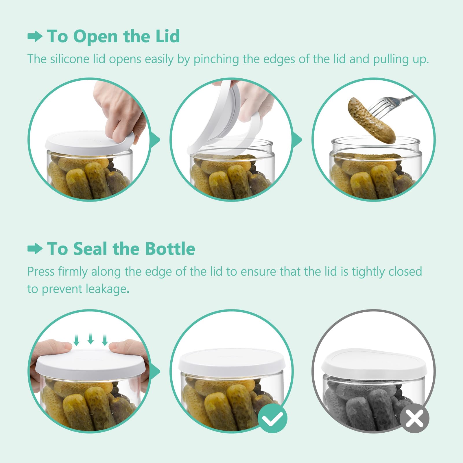 ForTidy Pickle and Olive Container with Strainer Flip - 50 OZ Airtight Glass Jar for Pickle Lover, Versatile Food Keeper, Kitchen Organization Must-Have, BPA-Free, Dishwasher Safe (White)