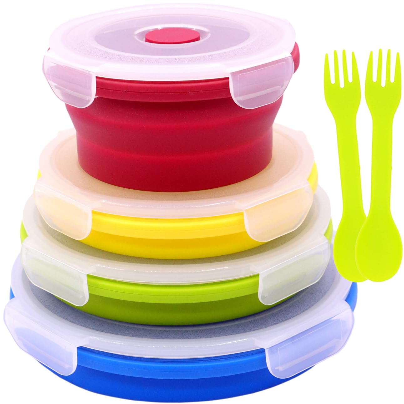 FUSMYE Set of 4 Collapsible Silicone Food Storage Containers With Lids,Round Bowls For Kitchen, Microwave,Dishwasher and Freezer Safe For Camping,Foldable Meal Box, BPA Free