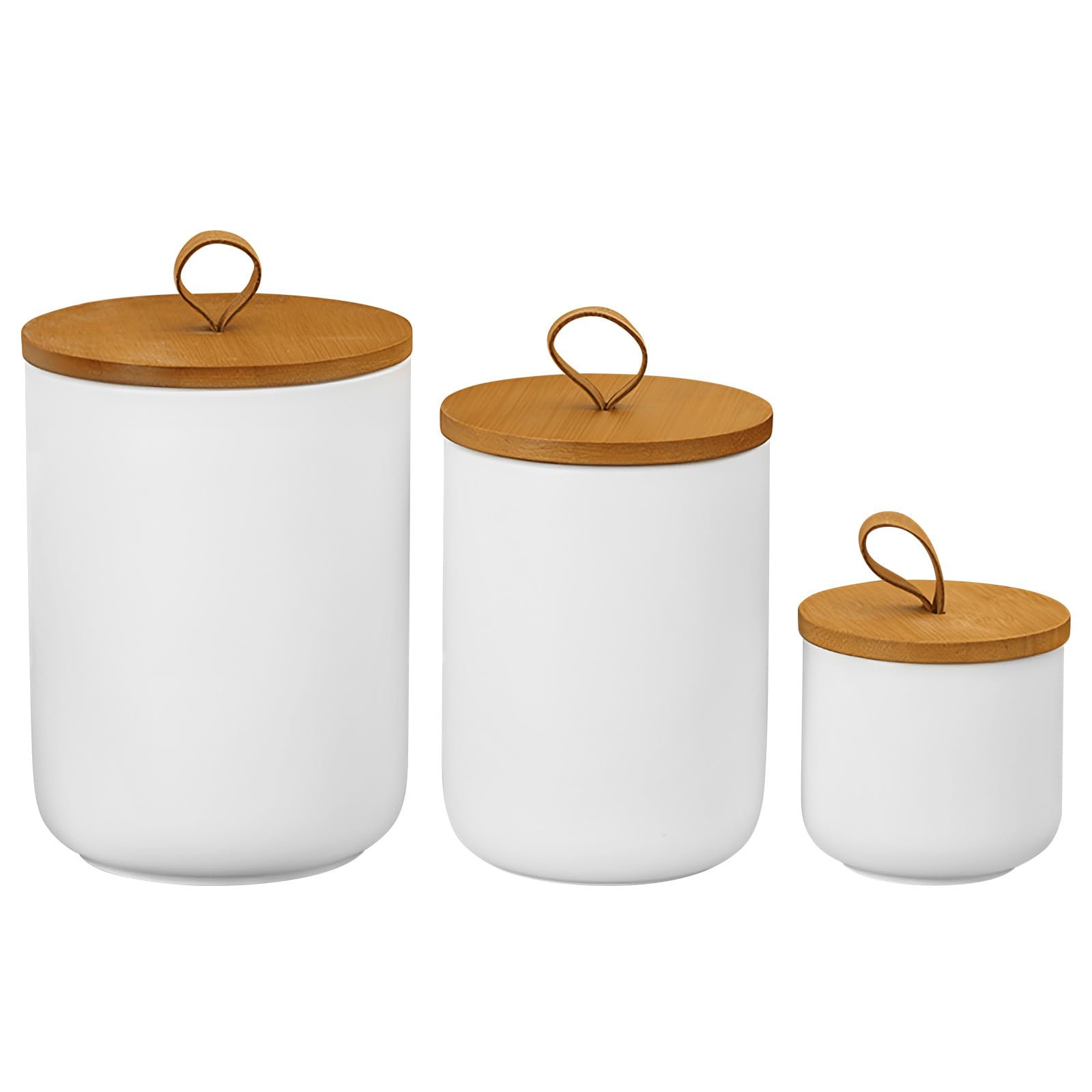 Jueison Ceramic Storage Jars, Modern Elegant Polished Airtight Gorgeous Storage Canisters with Wooden Lid Small Food Stroage Jar for Kitchen Spice Tea Vanilla Sugar Coffee Beans (3Pcs Suit White)
