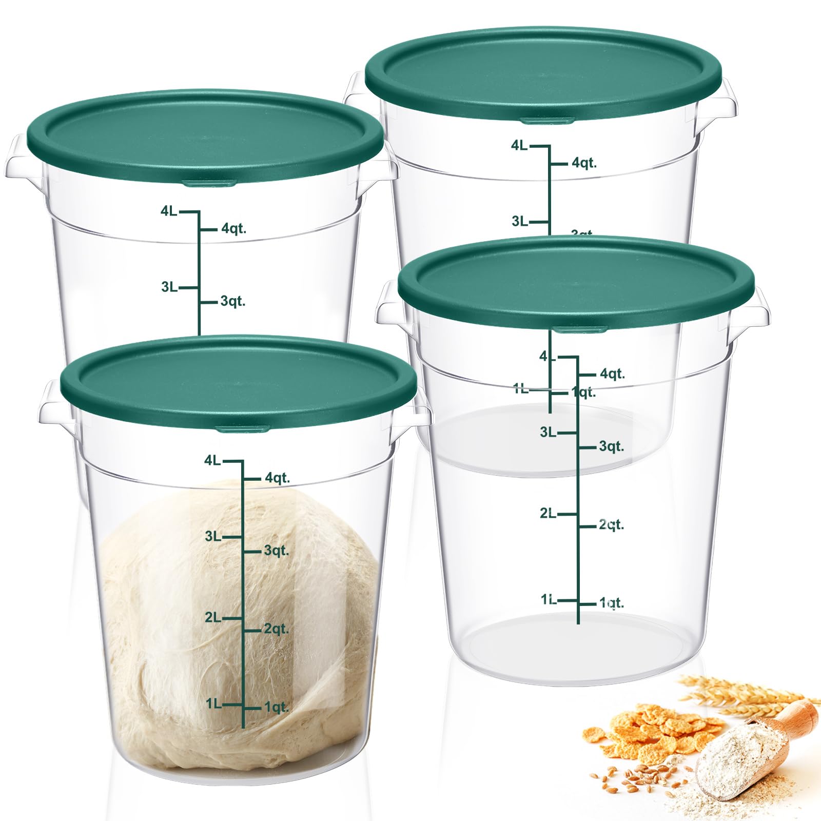 Suclain 4 Pcs 4 Qt Food Storage Container Bucket with Lids Clear Proofing Containers for Dough Rise Bread with Scale Handle Round Flour Commercial Storage Bucket for Home Restaurant Food(Green)