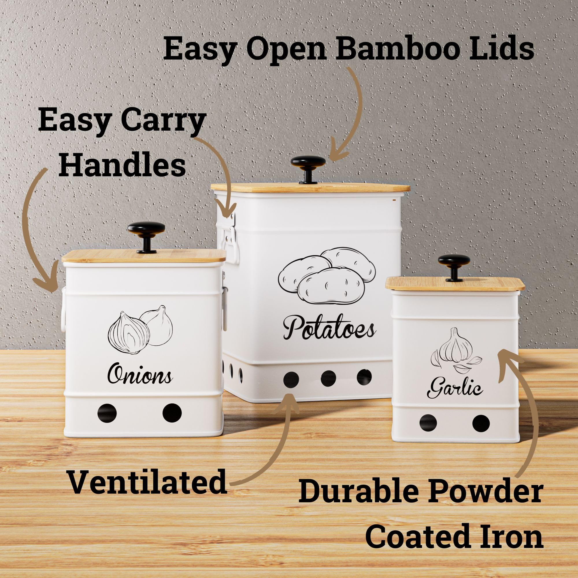 Potato Onion Garlic Storage Set of 3 Ventilated Iron Canisters with Bamboo Lids - Potato and Onion Storage Bin for Pantry - Kitchen Vegetable Storage Containers - Cute Metal Vegetable Bin Set of 3