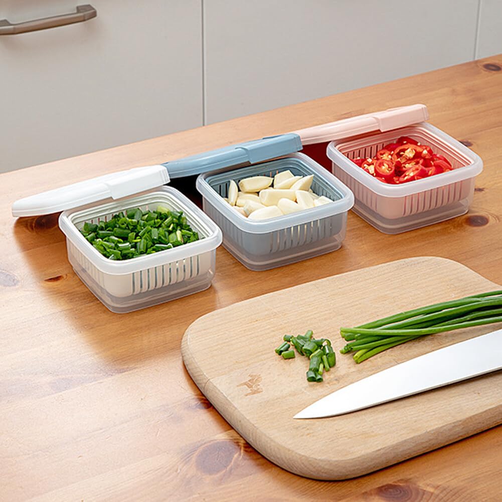 Food Storage Containers with Lids Fridge Berry Storage Container with Lid/Strainer Fresh Produce Saver Keeper for Scallion Ginger Garlic Vegetable Fruit Meat Lettuce