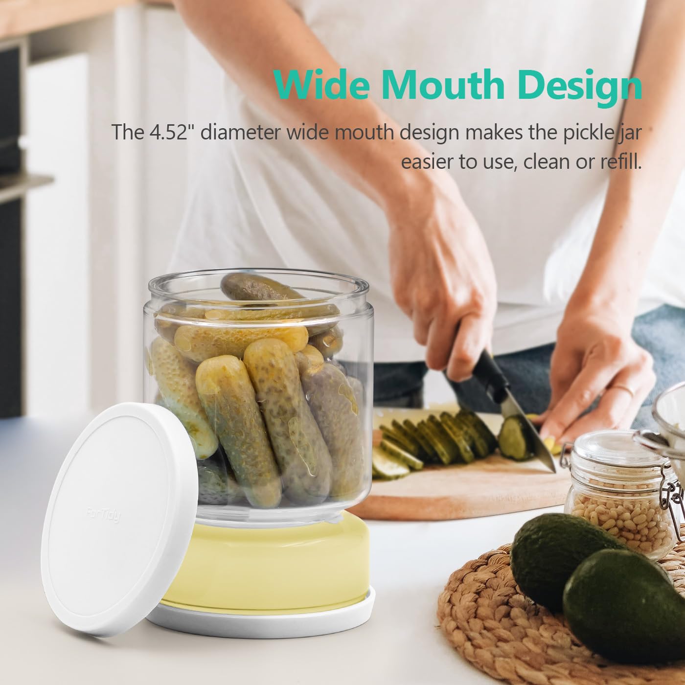 ForTidy Pickle and Olive Container with Strainer Flip - 50 OZ Airtight Glass Jar for Pickle Lover, Versatile Food Keeper, Kitchen Organization Must-Have, BPA-Free, Dishwasher Safe (White)