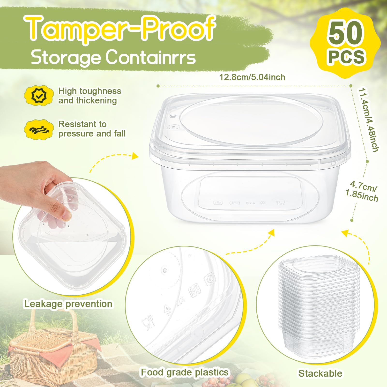 Yiyiring 50 Pack 12 oz Tamper Proof Containers with Lid Square Deli Plastic Sandwich Tiramisu Airtight Meal Container with Lids for Kitchen Storage
