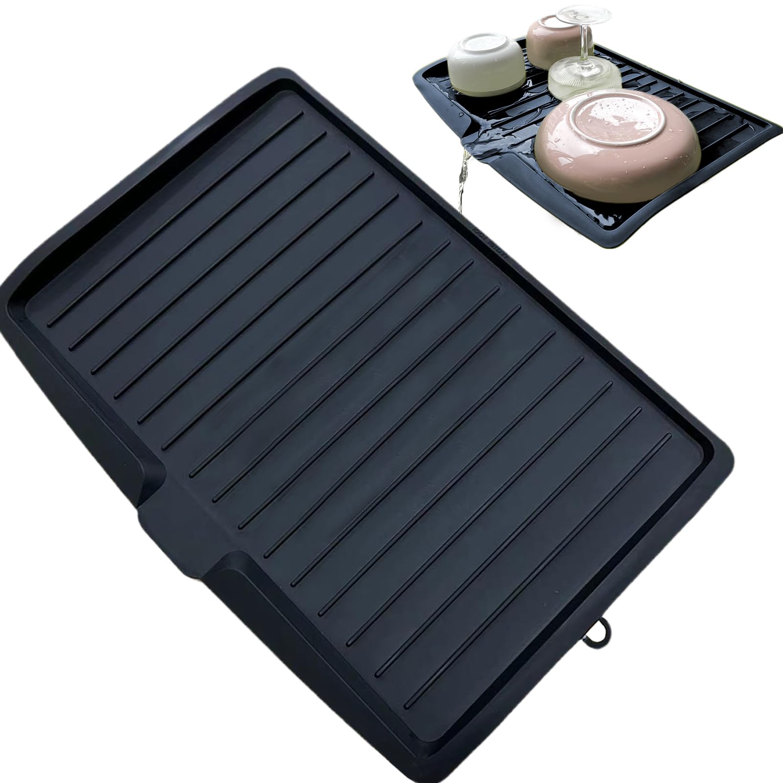 SWEETBIUTI Dish Drain Board Tilt PP Dish Drainer Quick Dry Dish Drain Board with Drain Port Dish Drying Rack Multipurpose for Kitchen Counter, Black 15.75x10.43x1.18in.