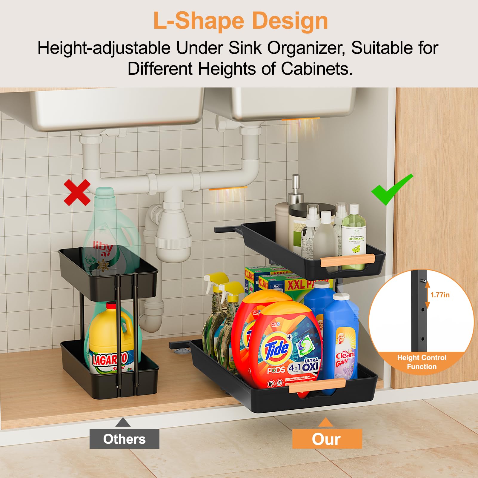 LIUMAYAS 2 Pack Under Sink Organizer Pull 0ut, 3 Height Adjustable Under Kitchen Sink 0rganizer and Storage Black, 2 Tier Double Sliding Drawer Cabinet Organizer for Kitchen Bathroom Pantry