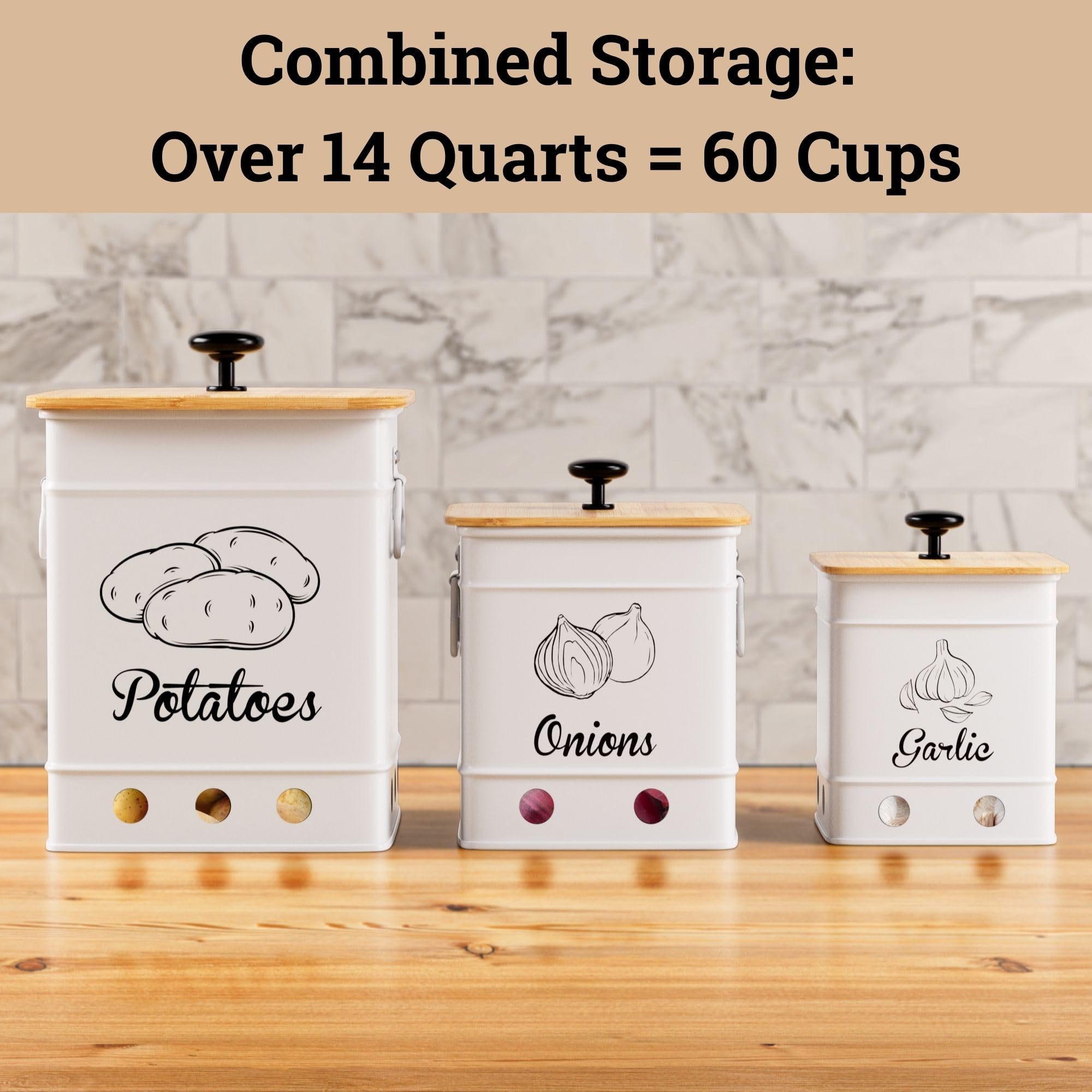 Potato Onion Garlic Storage Set of 3 Ventilated Iron Canisters with Bamboo Lids - Potato and Onion Storage Bin for Pantry - Kitchen Vegetable Storage Containers - Cute Metal Vegetable Bin Set of 3