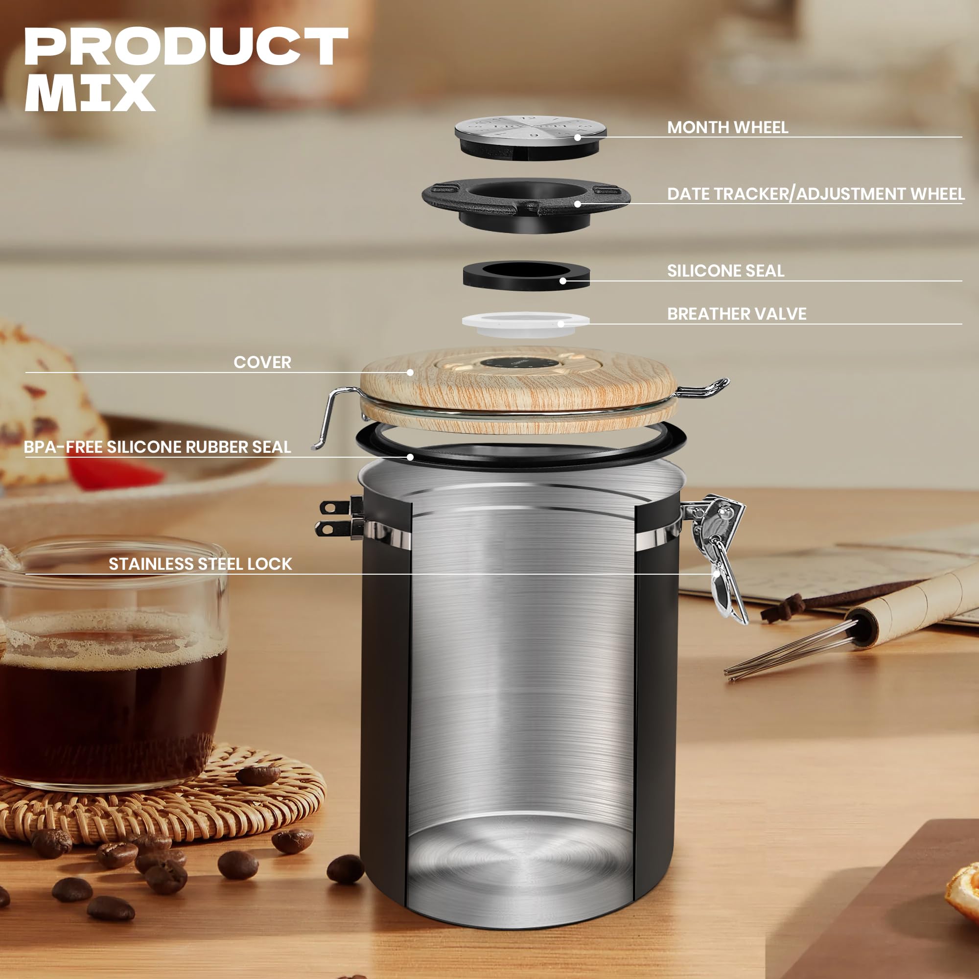 LRYYBTI Coffee Canisters Food Jar Canister Airtight Coffee Bean Storage Container with Scoop Date Tracker & CO2 Release Valve 22Oz Black