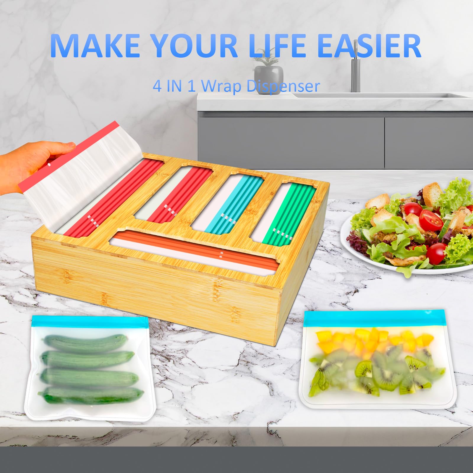 Bamboo Food storage bag organizer, kitchen drawer organizer, Wall Mount bag storage organizer, ziplock bag Storage Compatible with Gallon, Quart, Sandwich & Snack Variety Size Bags 1 Box 5 Slots