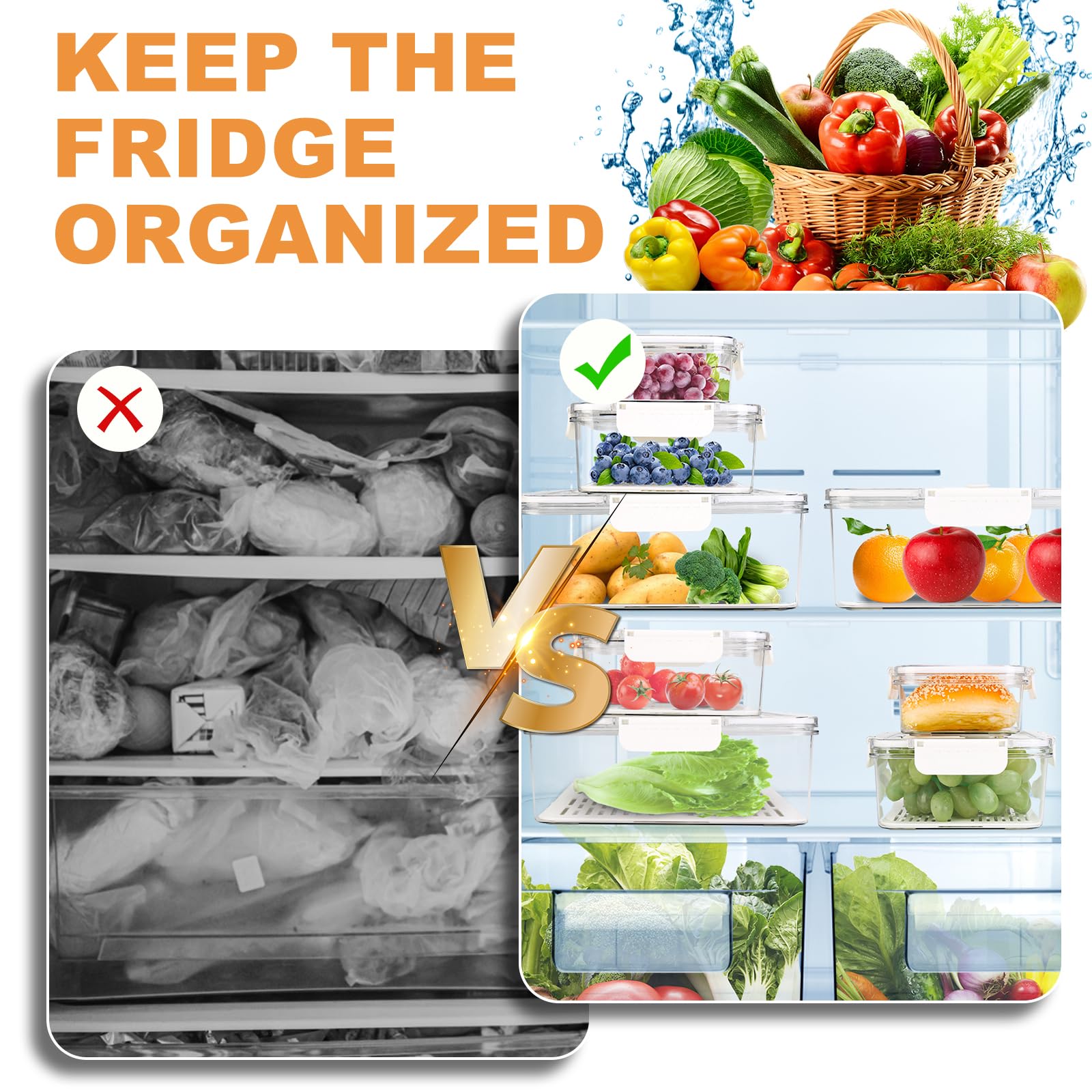MOLINGRITAR Fruits Storage Container for Fridge, Plastic Refrigerator Organizer Bins Set of 3, Fresh Produce Saver Containers with lid and Handle, Time Dial and Vent Control Crisper Box