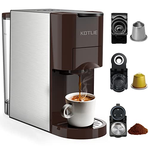 KOTLIE ćUpdatedć Single Serve Coffee Maker, 3in1 Espresso Machine for Nespresso Original/K-Cup/Ground Coffee Brewer, 2oz to 10oz Cup, 28oz Removable Water Tank, 19 Bar, 1450W
