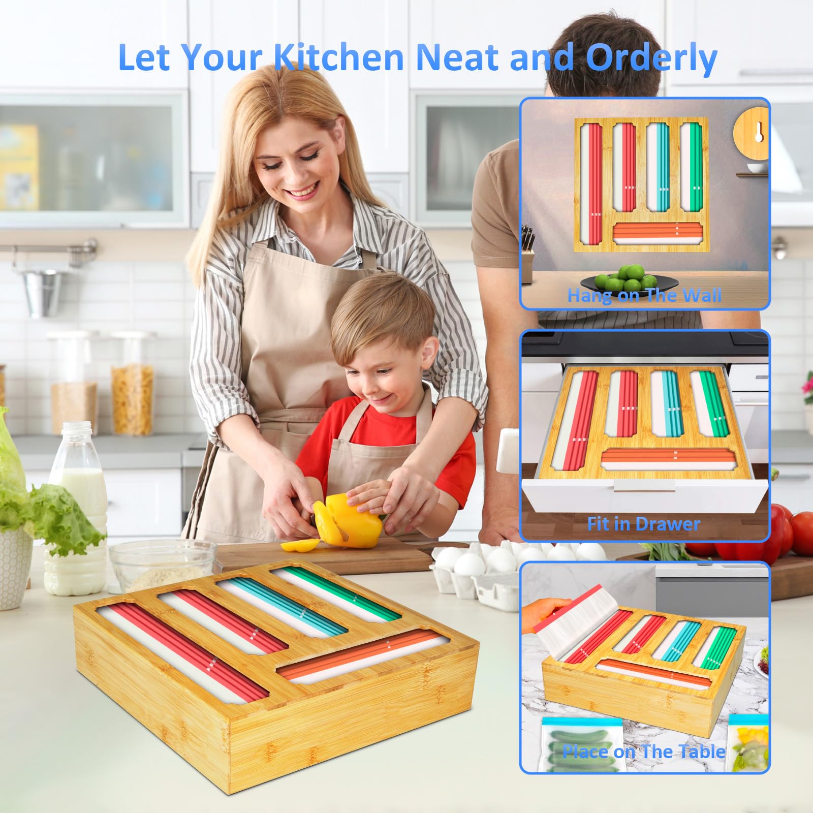 Bamboo Food storage bag organizer, kitchen drawer organizer, Wall Mount bag storage organizer, ziplock bag Storage Compatible with Gallon, Quart, Sandwich & Snack Variety Size Bags 1 Box 5 Slots