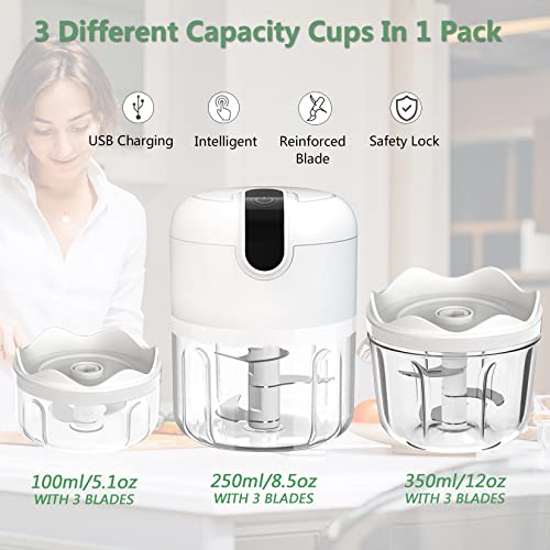 Pogeair White 3 CUP Cordless Mini Food Chopper,Small Food Processor for Garlic,Nut,Meat(100+250+350ML)