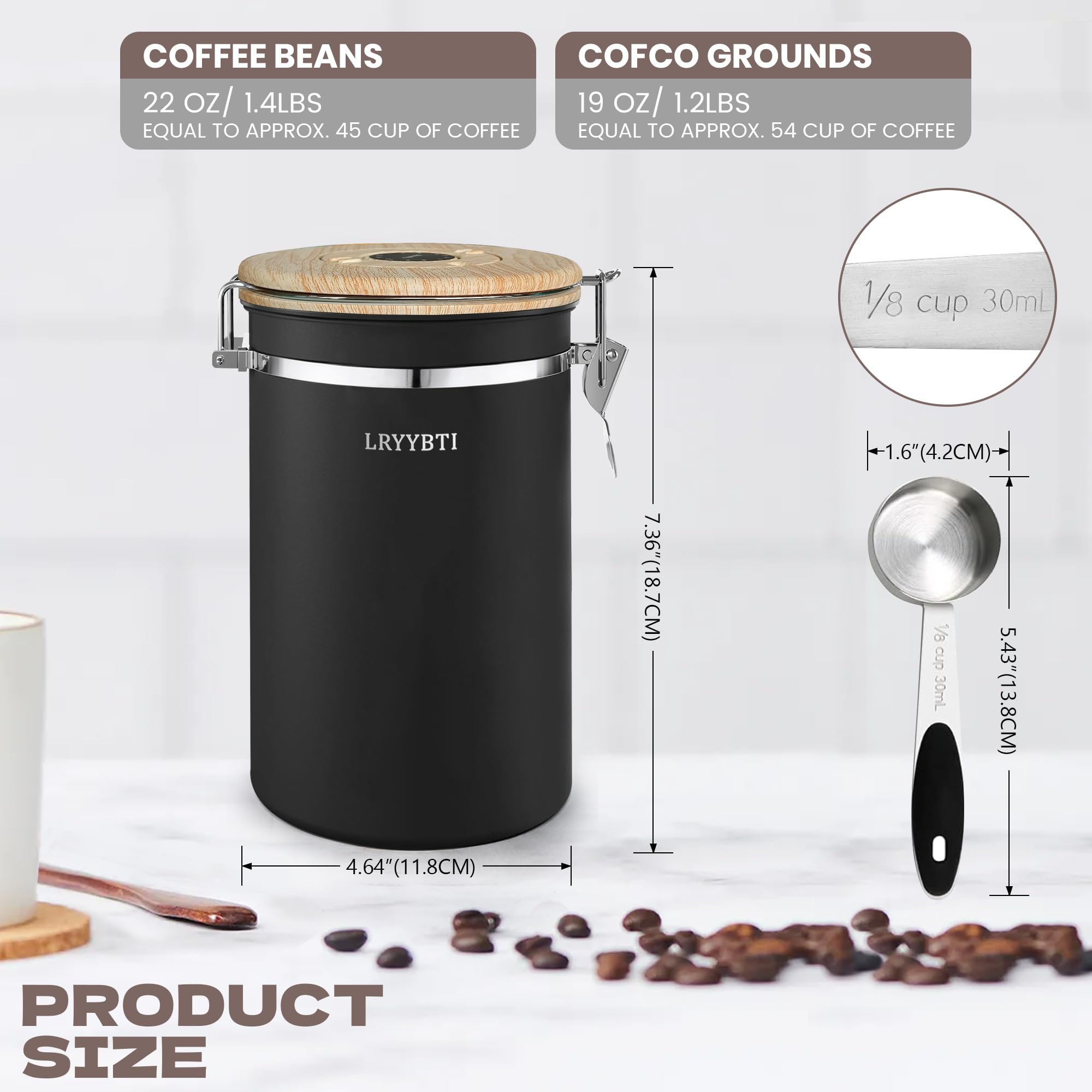 LRYYBTI Coffee Canisters Food Jar Canister Airtight Coffee Bean Storage Container with Scoop Date Tracker & CO2 Release Valve 22Oz Black