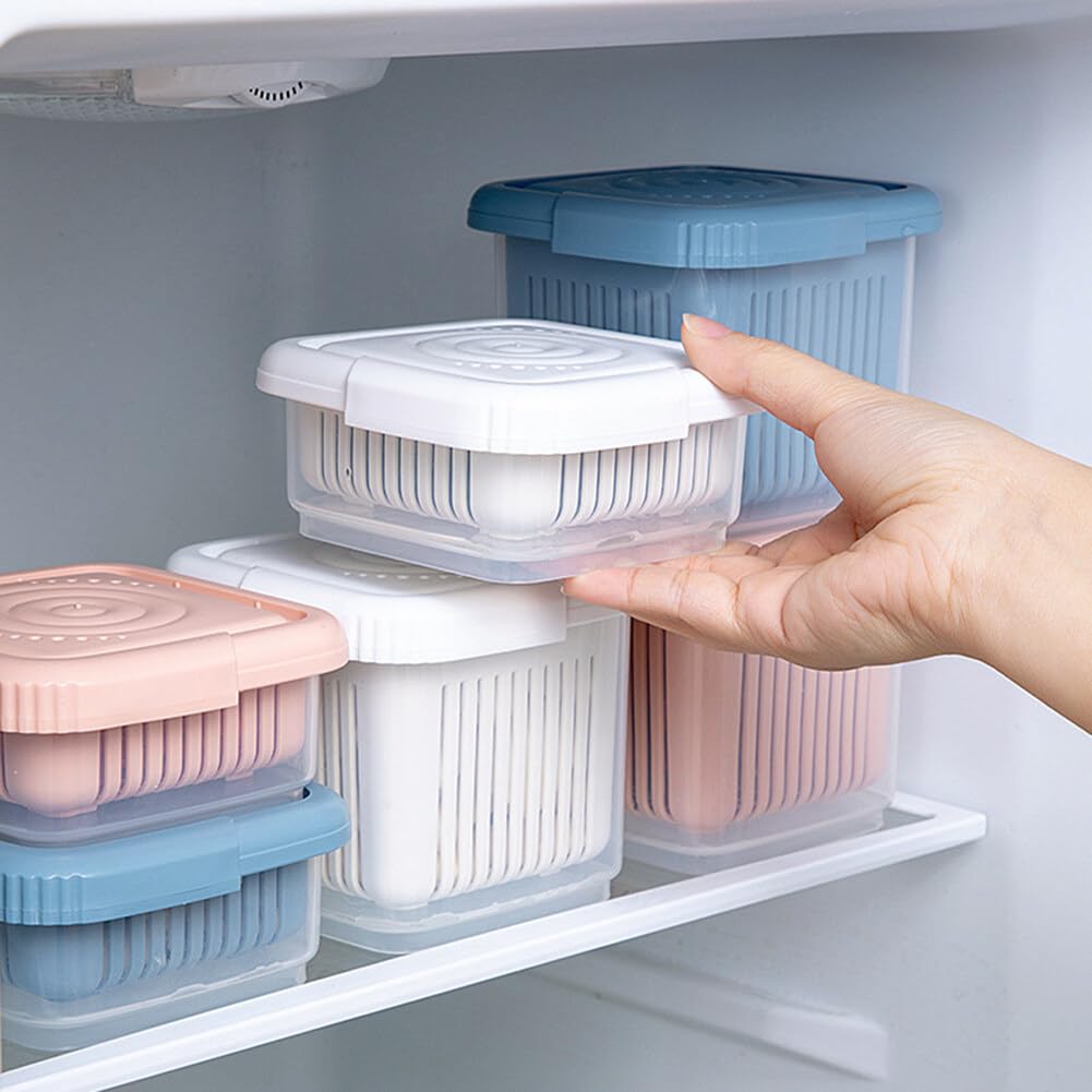 Food Storage Containers with Lids Fridge Berry Storage Container with Lid/Strainer Fresh Produce Saver Keeper for Scallion Ginger Garlic Vegetable Fruit Meat Lettuce