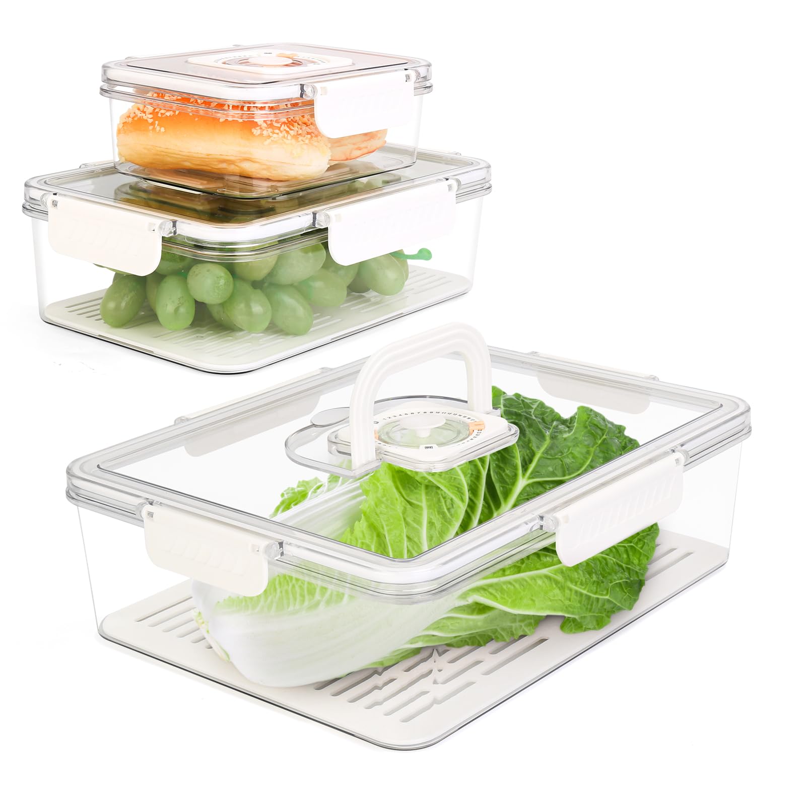 MOLINGRITAR Fruits Storage Container for Fridge, Plastic Refrigerator Organizer Bins Set of 3, Fresh Produce Saver Containers with lid and Handle, Time Dial and Vent Control Crisper Box