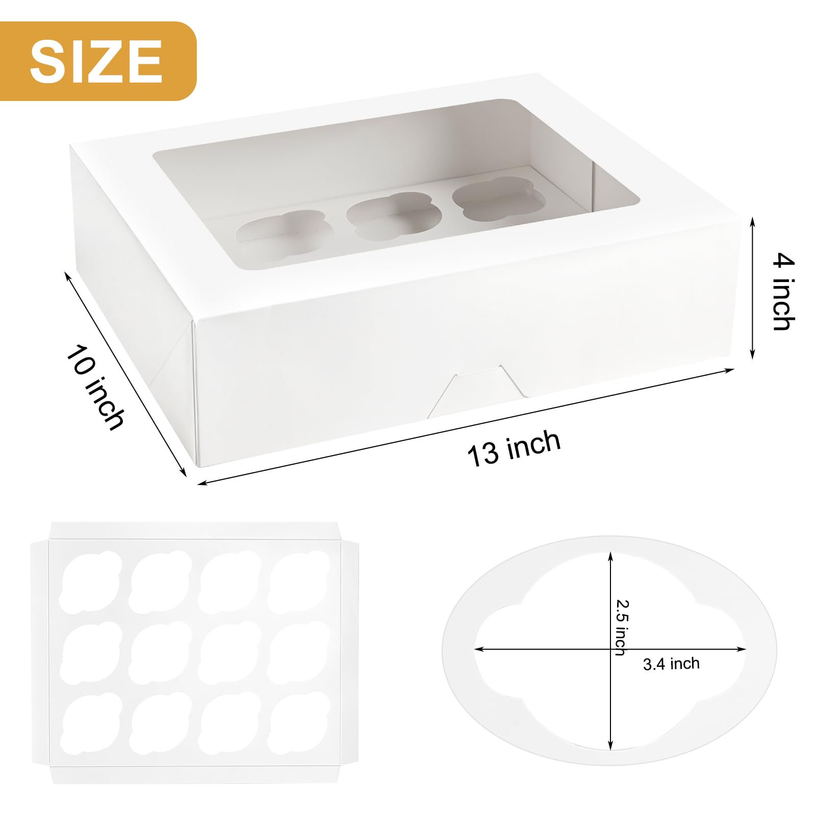 Kucoele 12 Count Cupcake Boxes, 6 Pack White Cupcake Containers with Windows and Inserts, Disposable Cupcake Carriers for Muffins, Treats, Pastries, 13 x 10 x 4 Inches