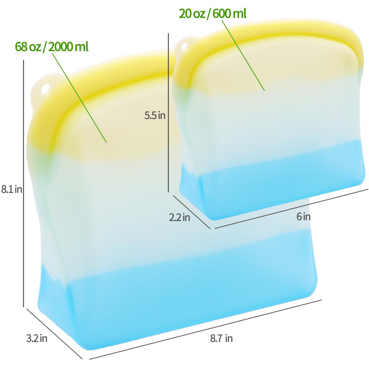 FUSMYE 2 Pack Extra Large Pure Silicone Food Storage Bags, 68oz, Stand Up Reusable Food Storage Containers, Ideal for Kitchen Camping, Microwave Freezer Dishwasher Safe, Leak-free