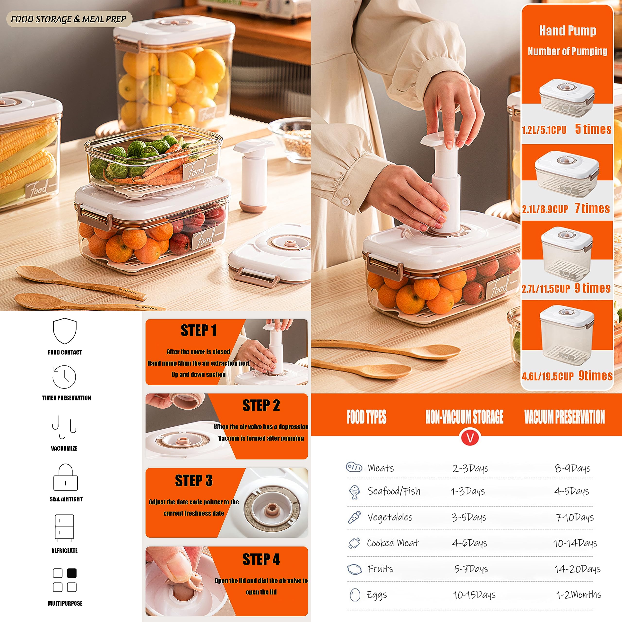AYYOYYOY Vacuum Seal Containers - Marinade and Keep Food Fresh with Time Dial, BPA Free, Drainer, Microwave Friendly - 2 Piece Set (5.1Cups+8.9Cups Rectangular)