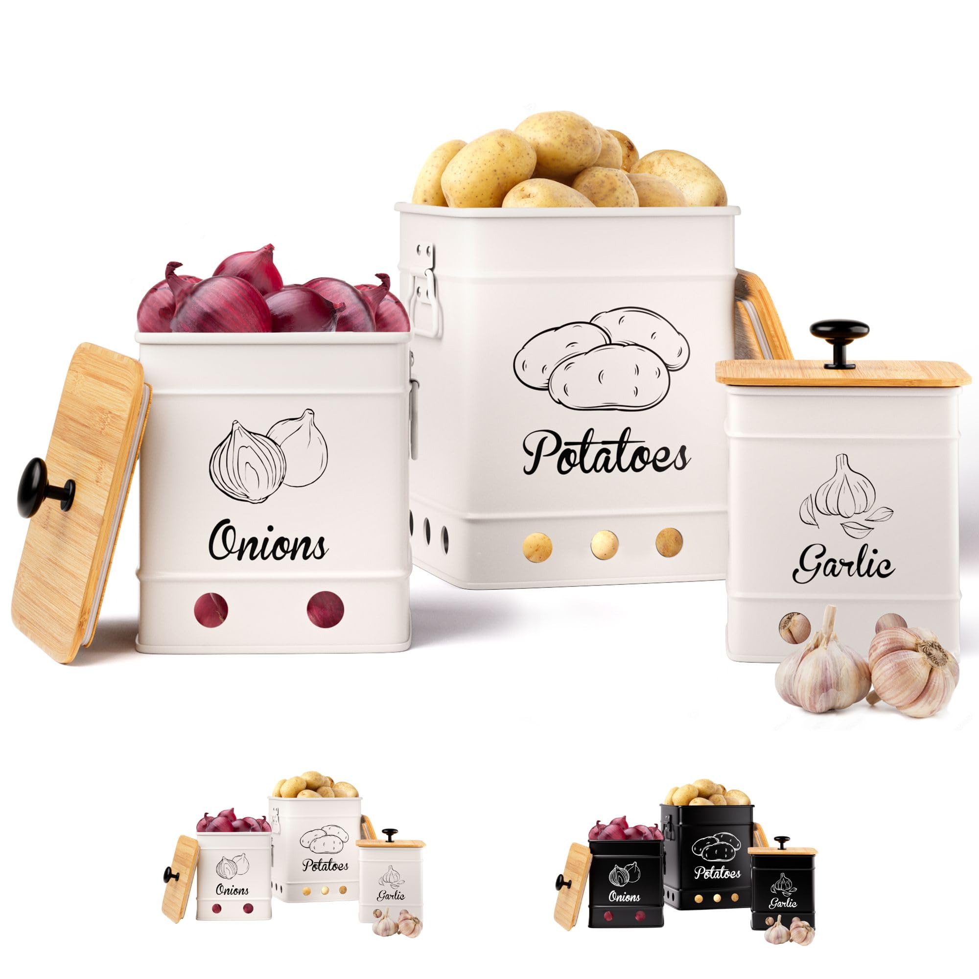 Potato Onion Garlic Storage Set of 3 Ventilated Iron Canisters with Bamboo Lids - Potato and Onion Storage Bin for Pantry - Kitchen Vegetable Storage Containers - Cute Metal Vegetable Bin Set of 3
