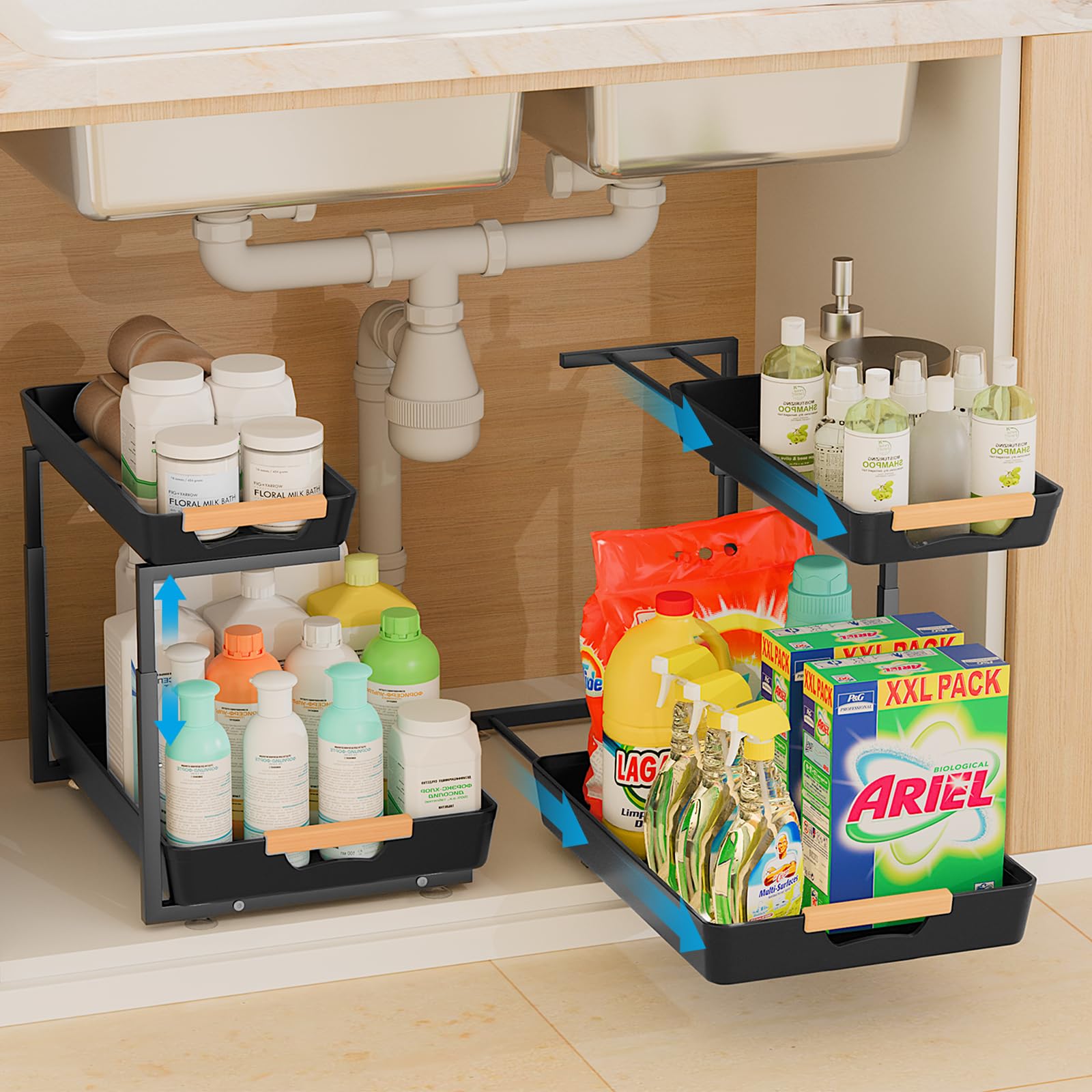 LIUMAYAS 2 Pack Under Sink Organizer Pull 0ut, 3 Height Adjustable Under Kitchen Sink 0rganizer and Storage Black, 2 Tier Double Sliding Drawer Cabinet Organizer for Kitchen Bathroom Pantry