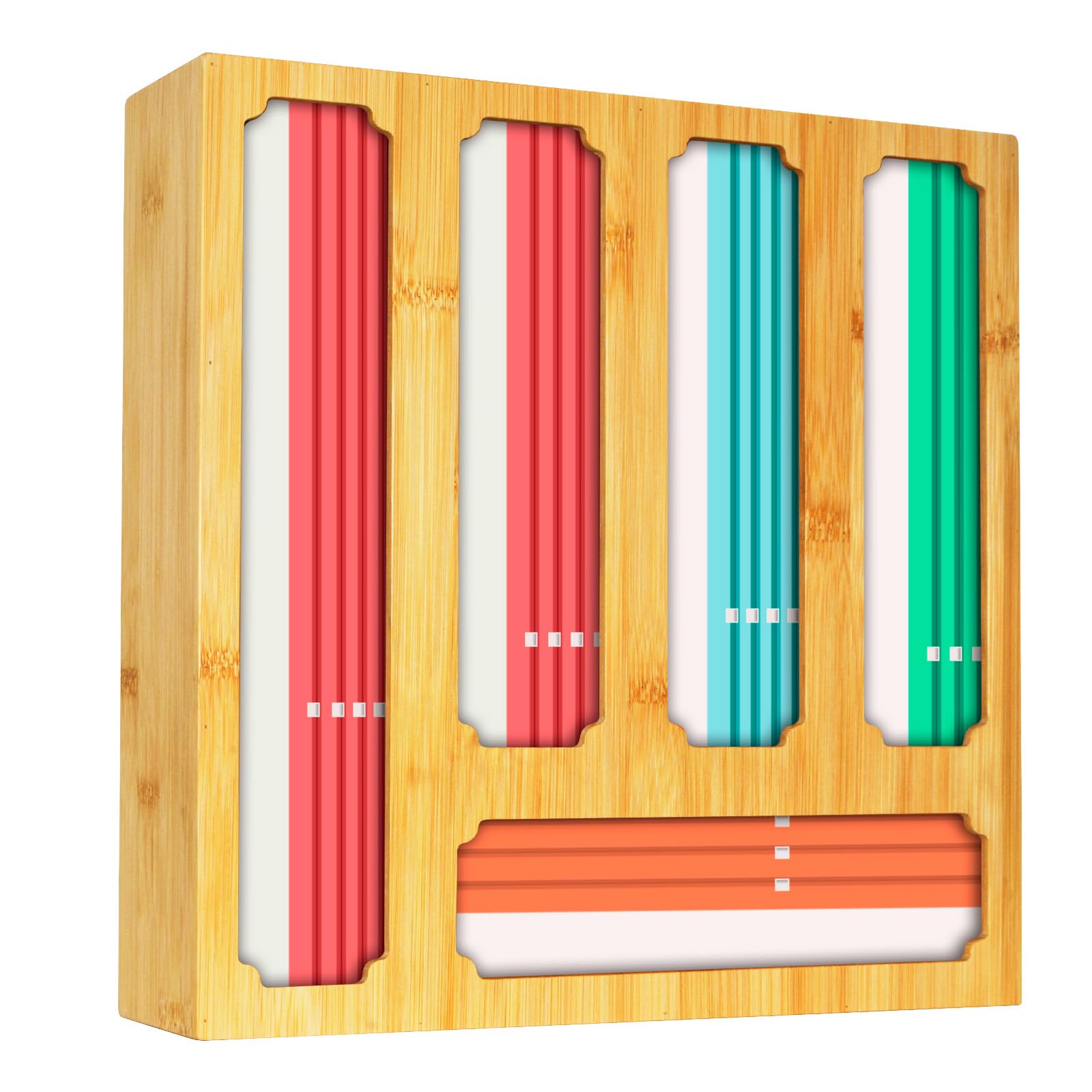 Bamboo Food storage bag organizer, kitchen drawer organizer, Wall Mount bag storage organizer, ziplock bag Storage Compatible with Gallon, Quart, Sandwich & Snack Variety Size Bags 1 Box 5 Slots