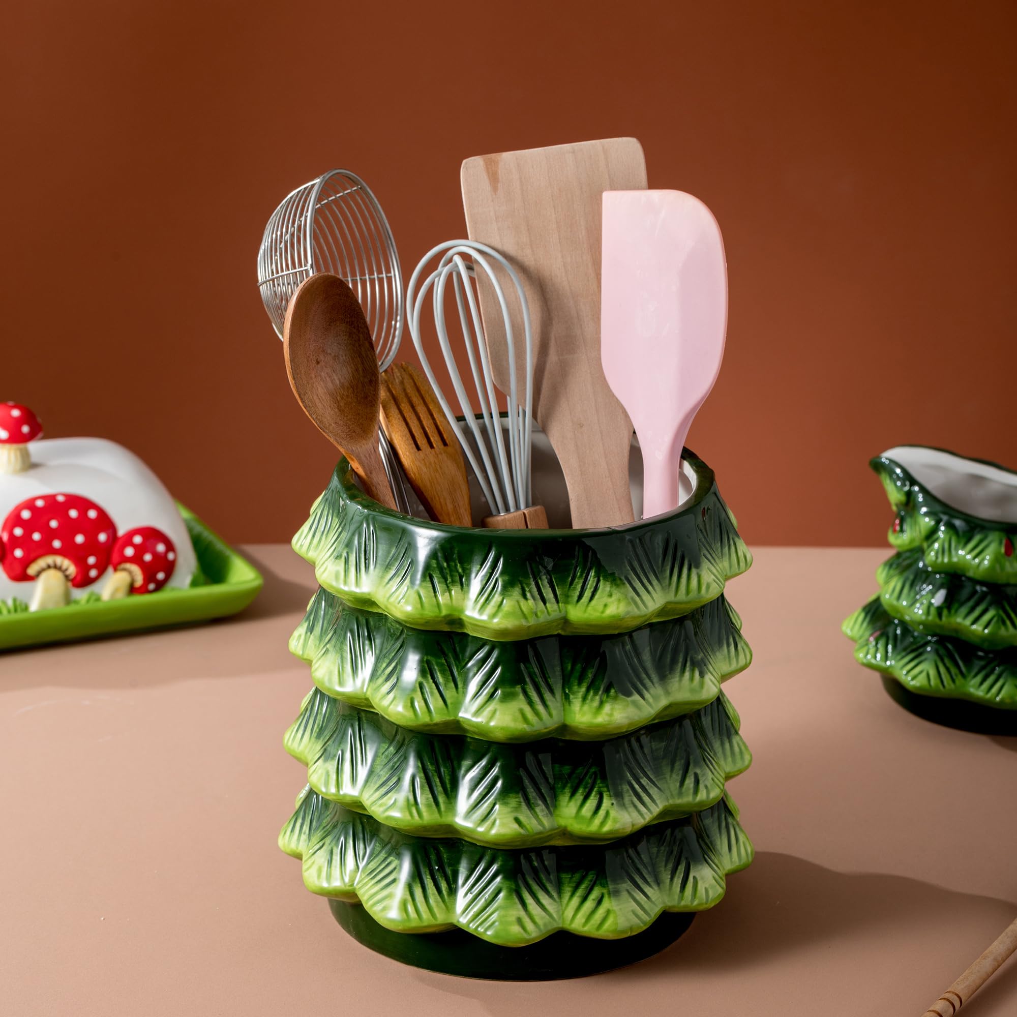 HPYNPES Large Ceramic Christmas Utensil Holder - Festive Christmas Tree Design for Holiday Kitchen Decor
